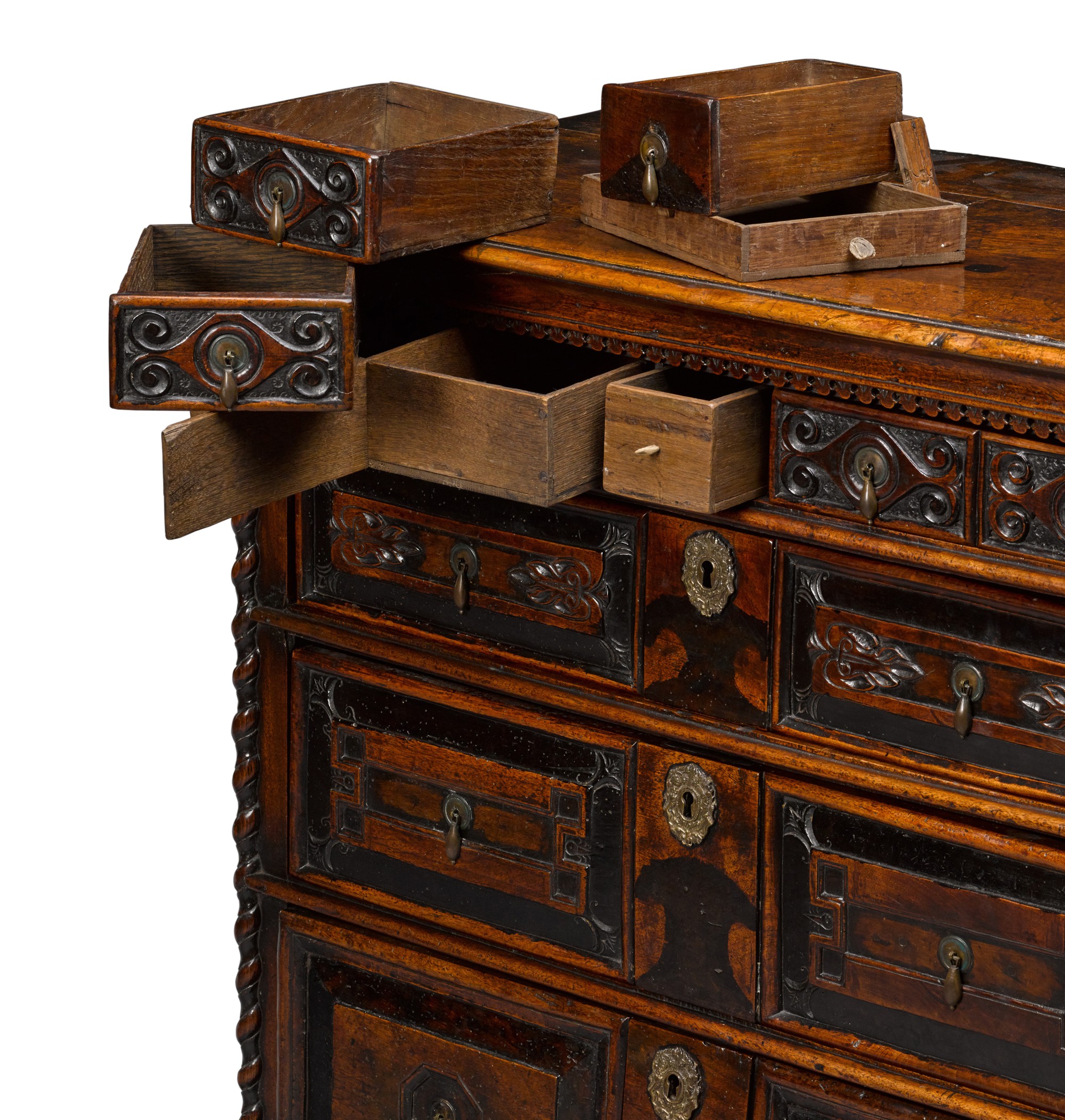 A William and Mary carved walnut and ebonised chest of drawers, late ...