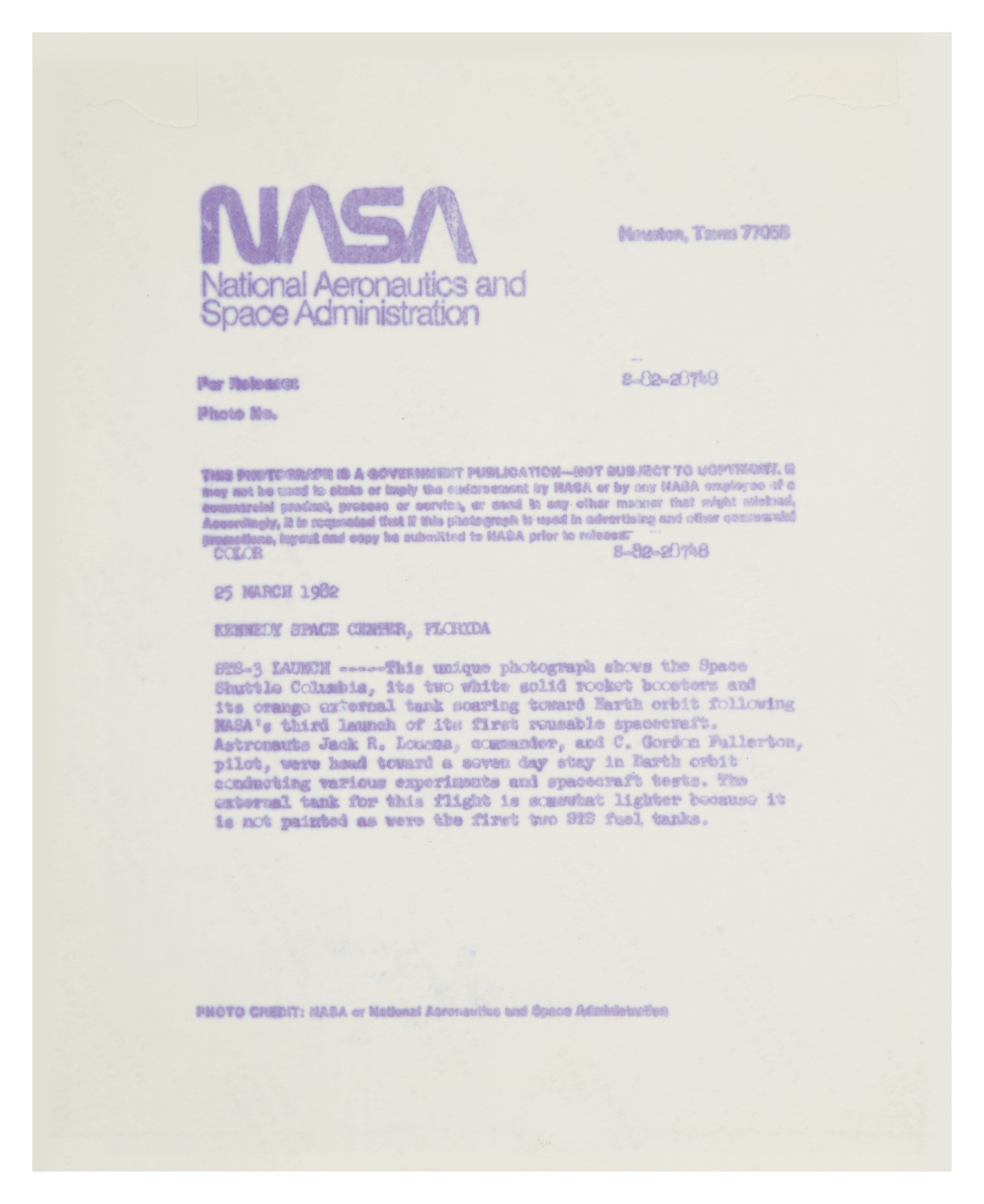 [SHUTTLE COLUMBIA (STS-3)] THE LAUNCH OF STS-3. VINTAGE NASA "RED ...