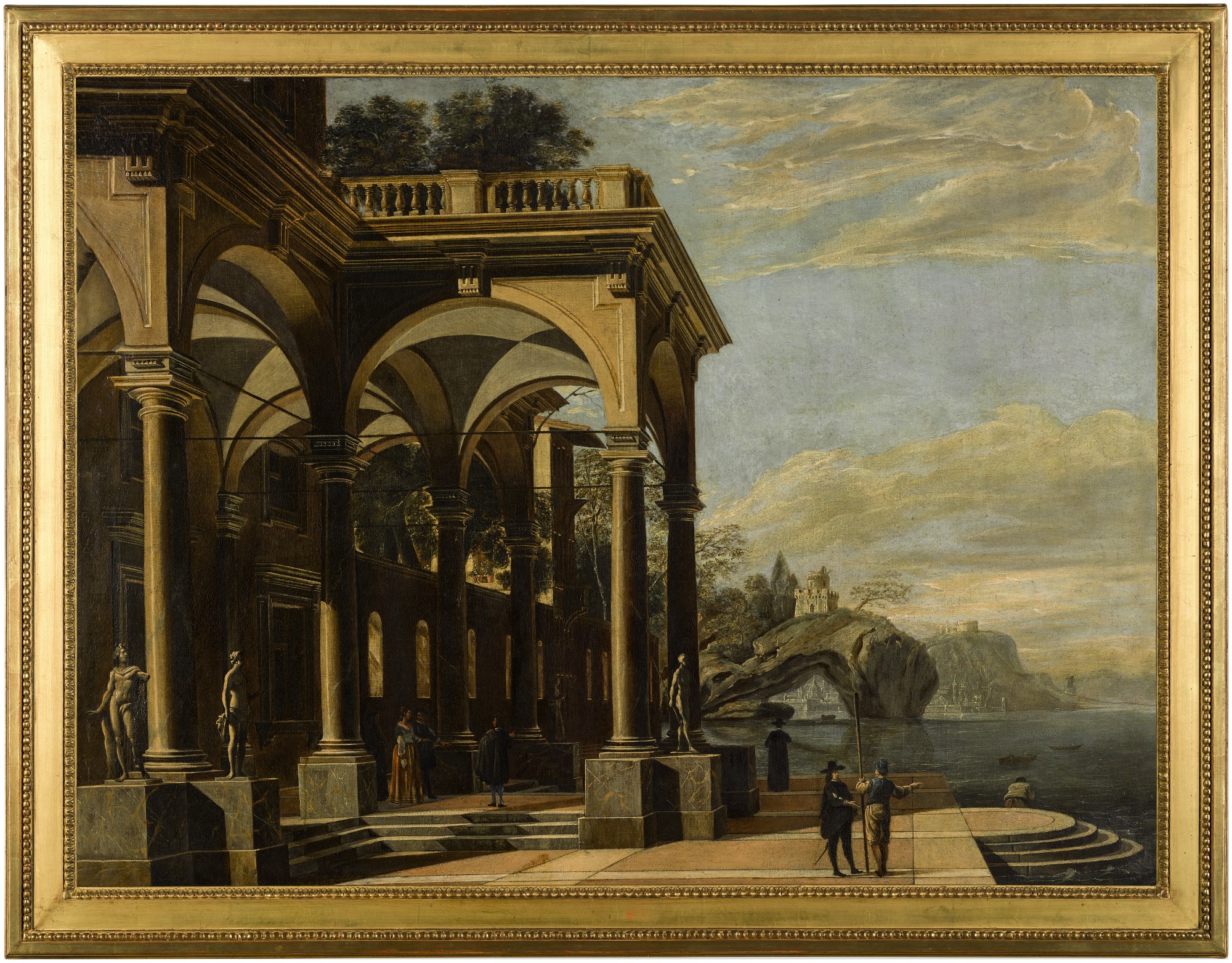 An architectural capriccio with figures by a colonnaded portico, a ...
