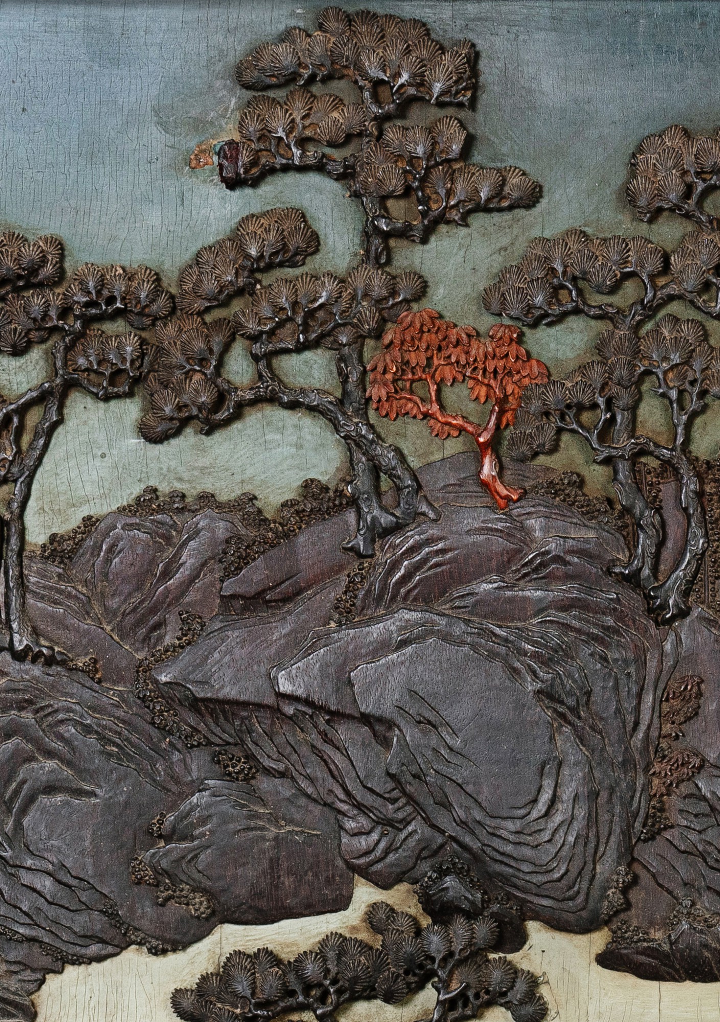 A finely carved jichimu and boxwood inlaid, zitan-framed ‘landscape ...