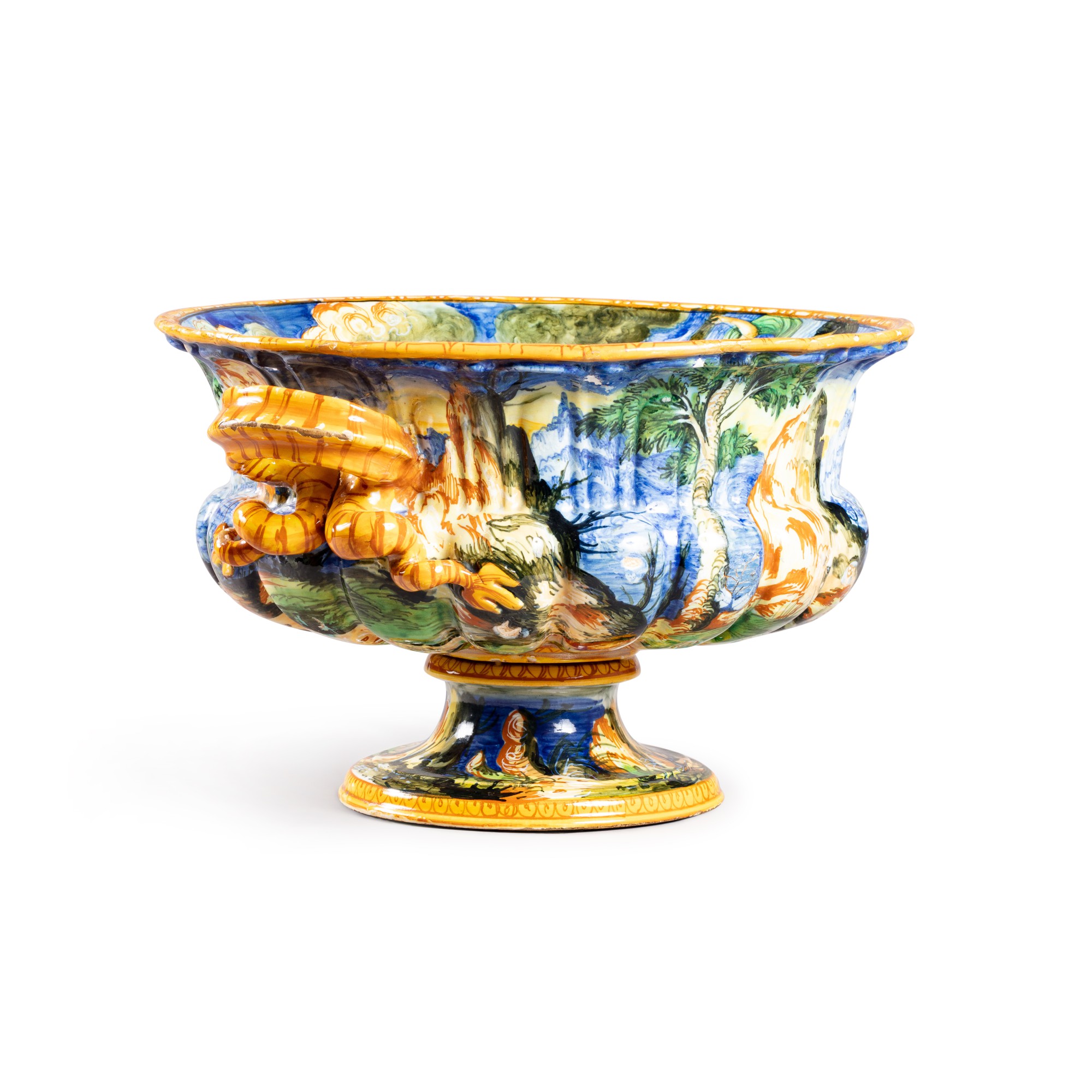 An Urbino istoriato two-handled circular cistern raised on a spreading ...