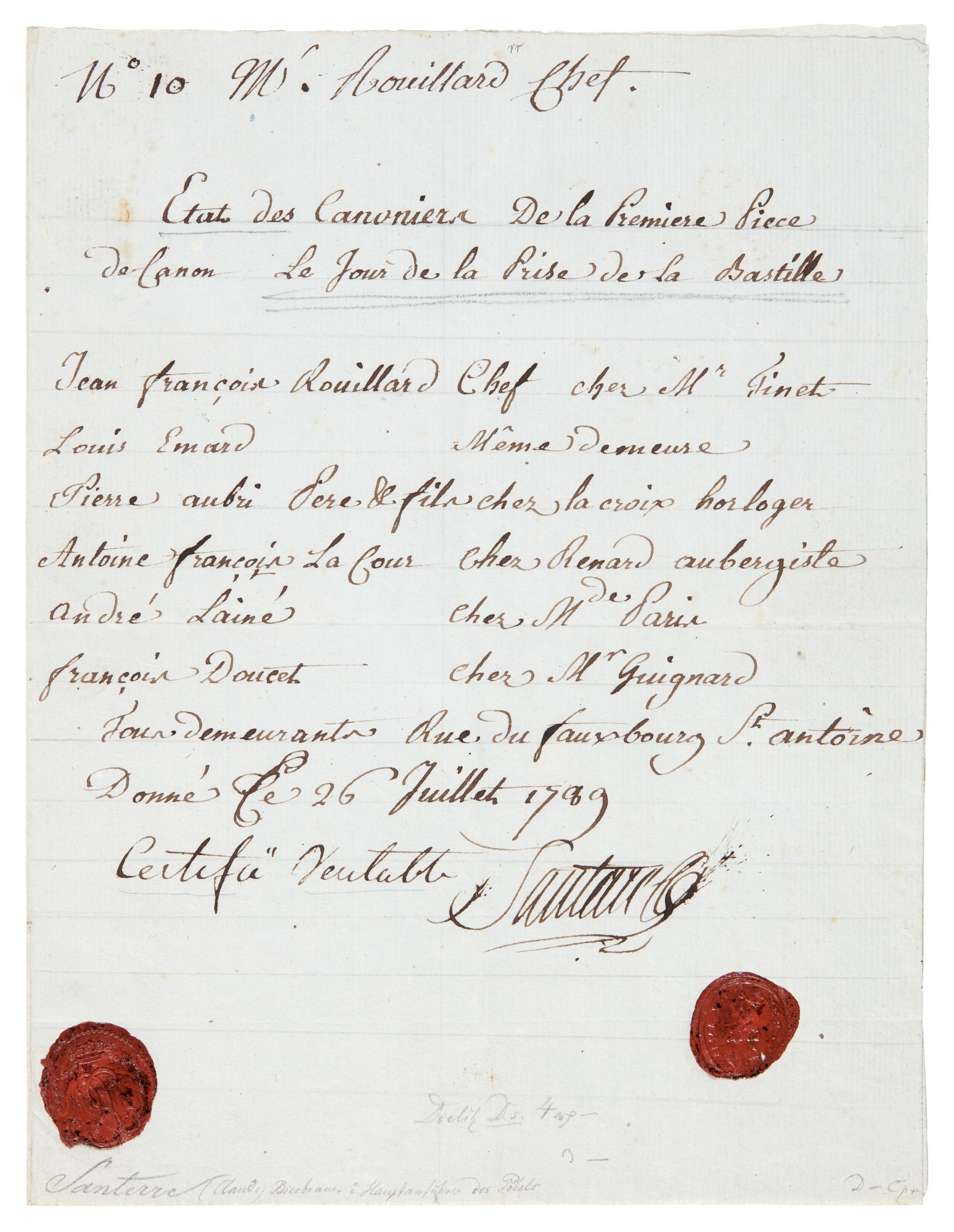 Antoine Joseph Santerre | Document signed, on the Fall of the Bastille ...
