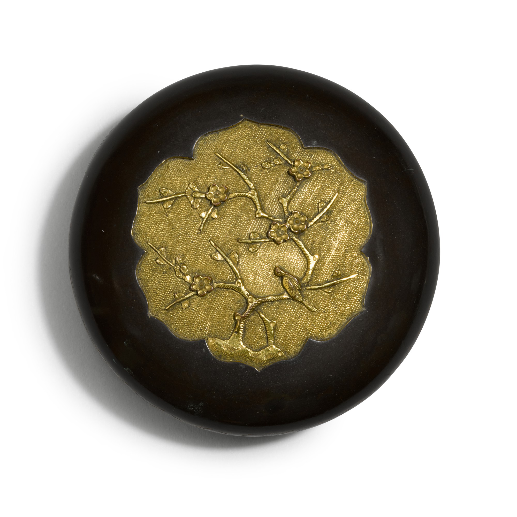 A Japanese export Sawasa Ware seal-paste lidded patinated gilt-copper ...