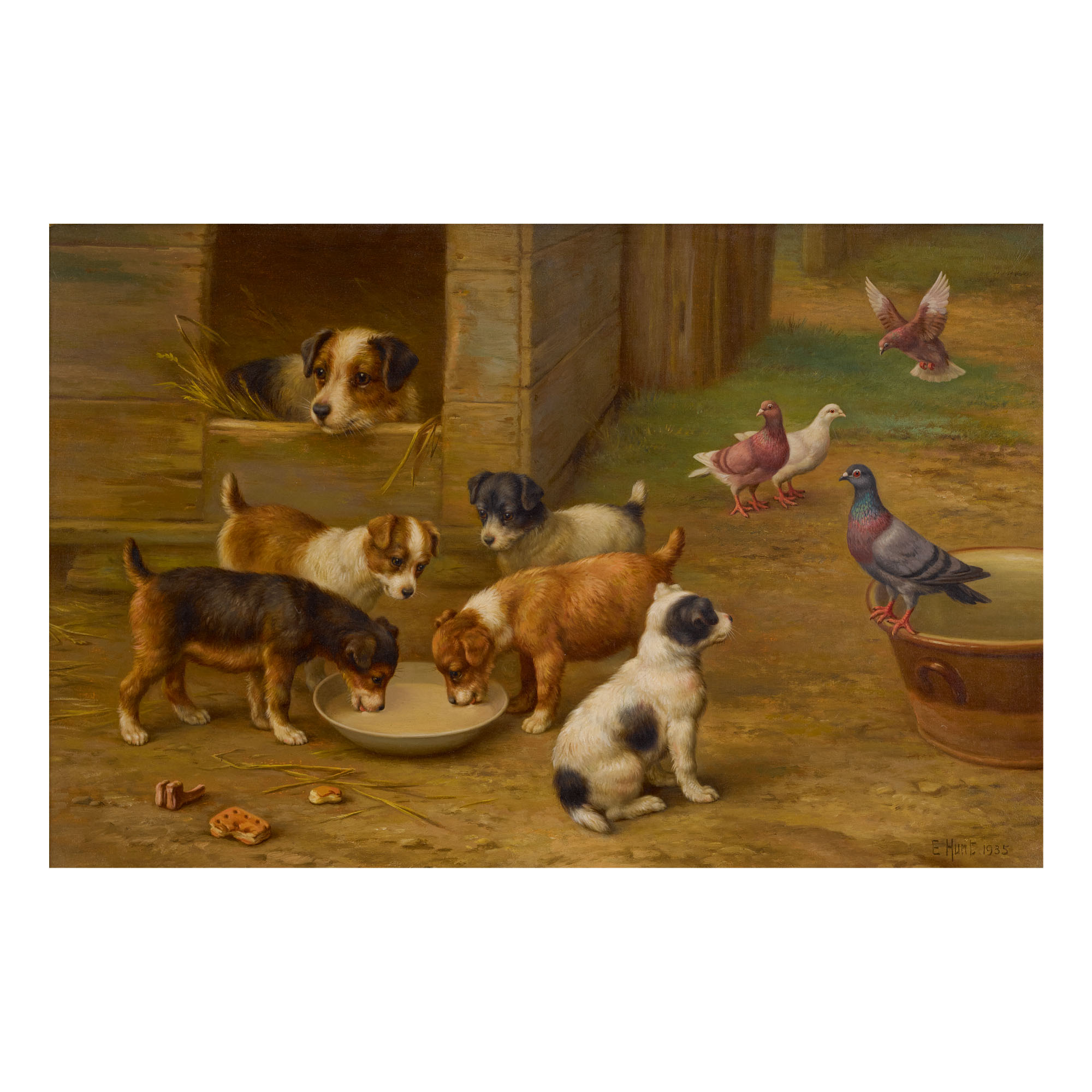 EDGAR HUNT | PIGEONS AND PUPPIES IN A FARMYARD | European Paintings ...