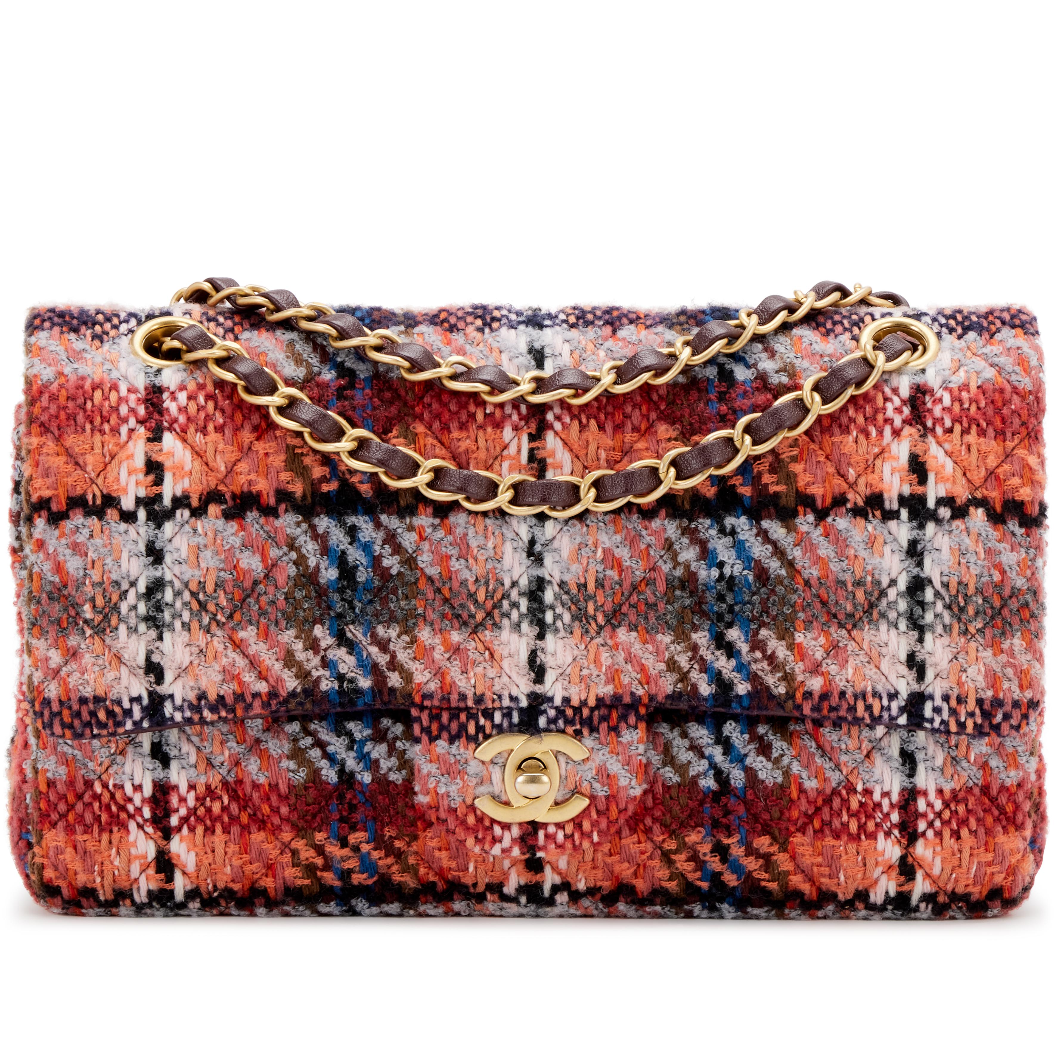 Chanel Red, Grey, And Black Tweed Medium Classic Double Flap Brushed ...