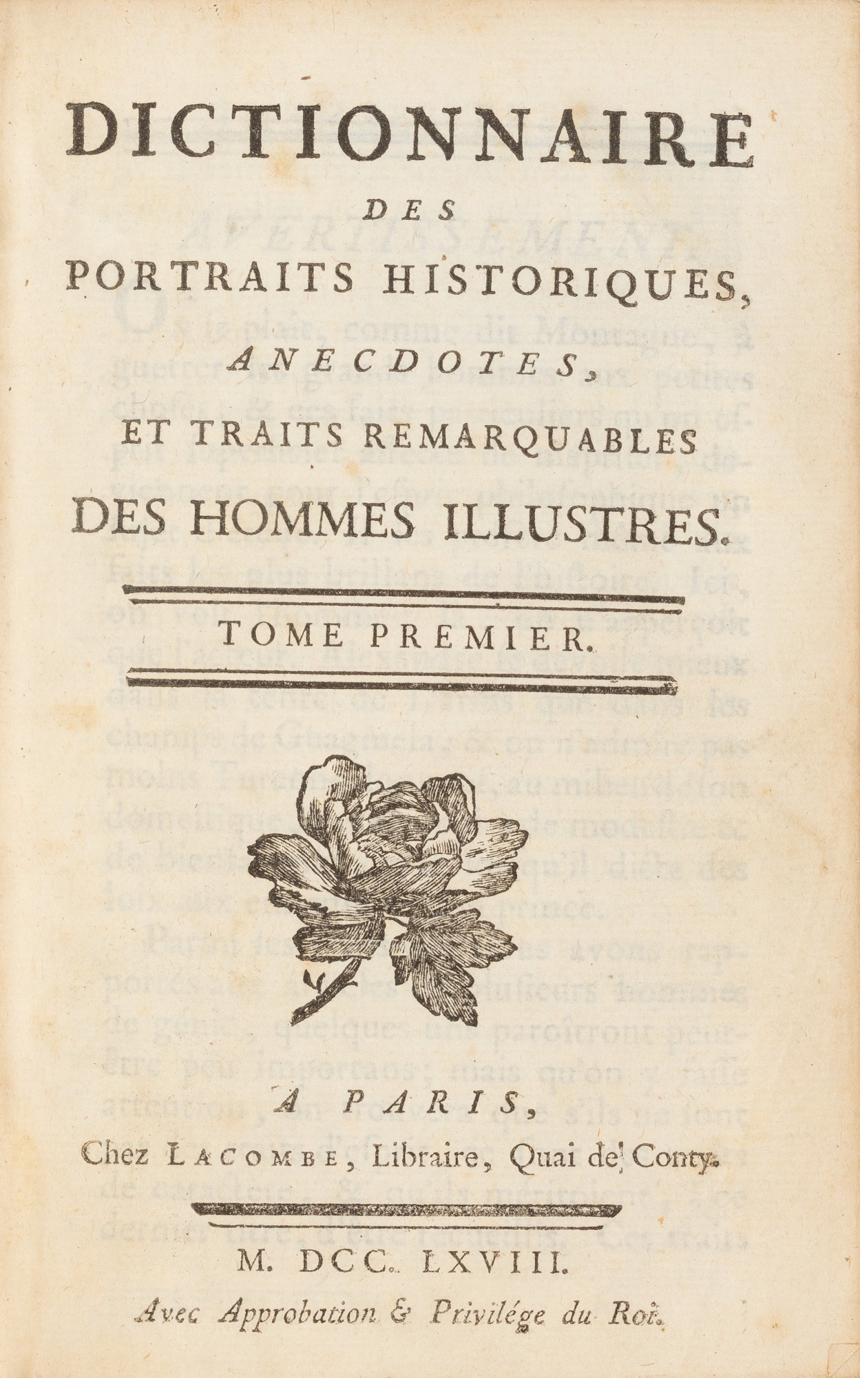 Dictionnaire des portraits.1768. 3 vol. aux armes de la comtesse de ...