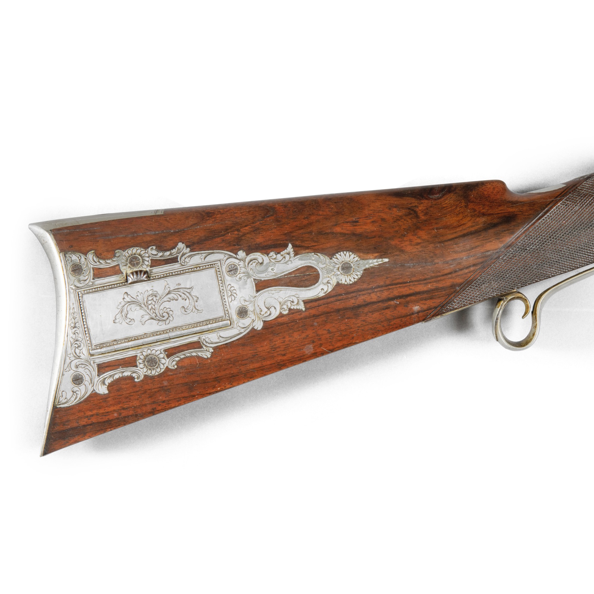 Carved Walnut and Engraved Steel German Silver-Mounted Percussion Rifle ...