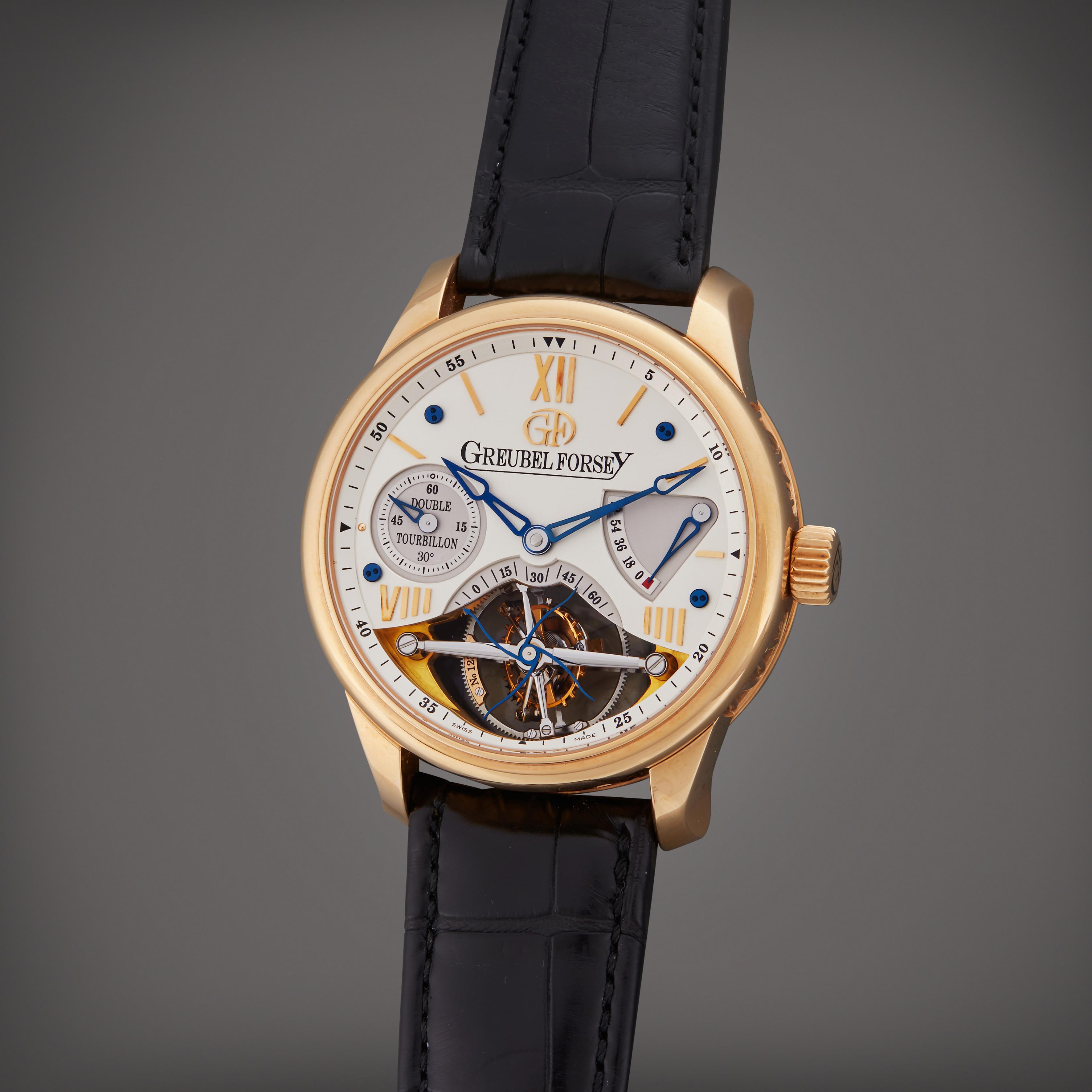 Double Tourbillon 30° | A pink gold double tourbillon wristwatch with ...