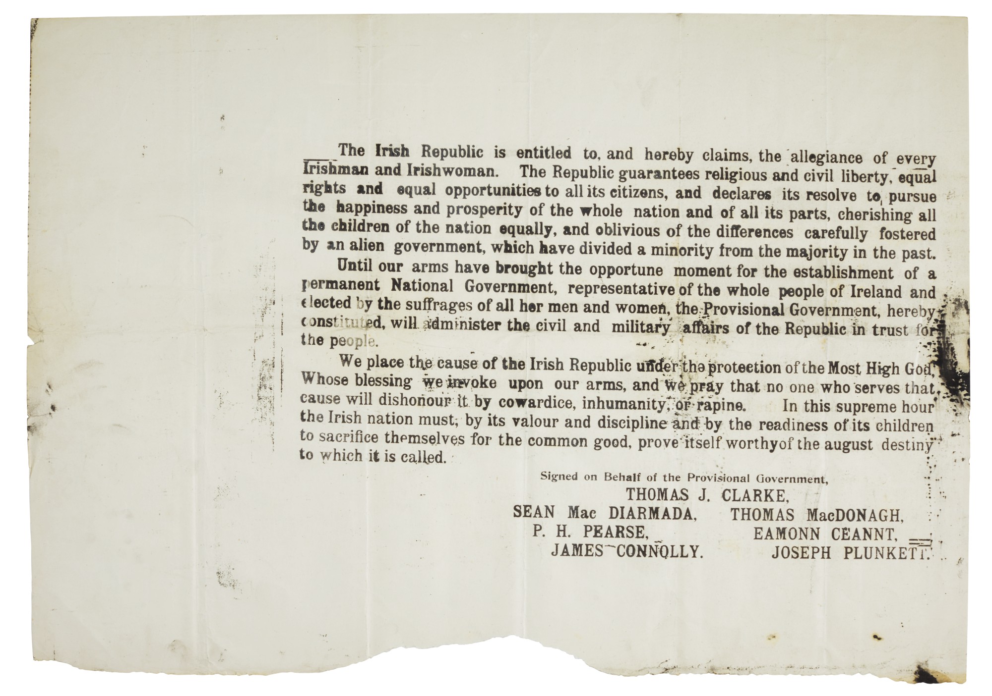 Proclamation of the Irish Republic, 1916, lower half only, together ...