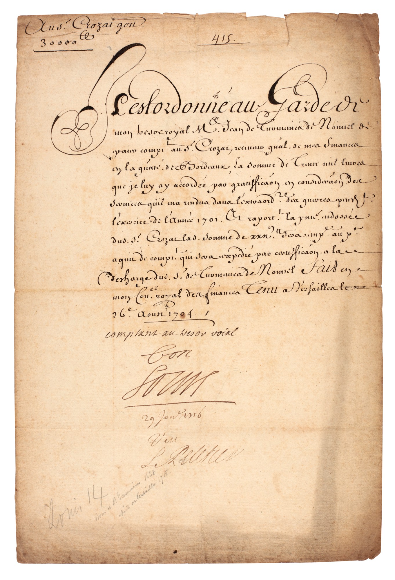 LOUIS XIV | document signed and inscribed ("bon, Louis"), about paying ...