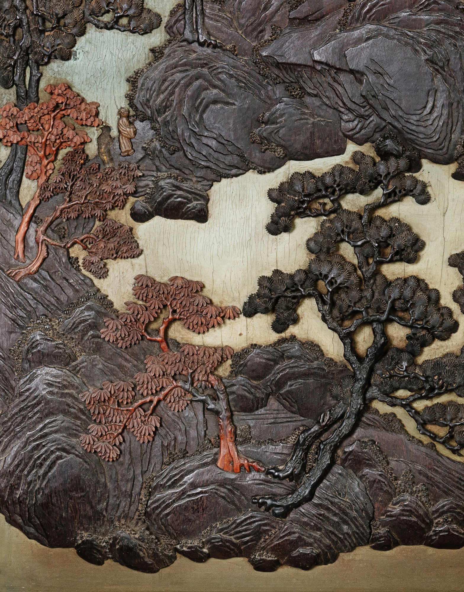 A finely carved jichimu and boxwood inlaid, zitan-framed ‘landscape ...