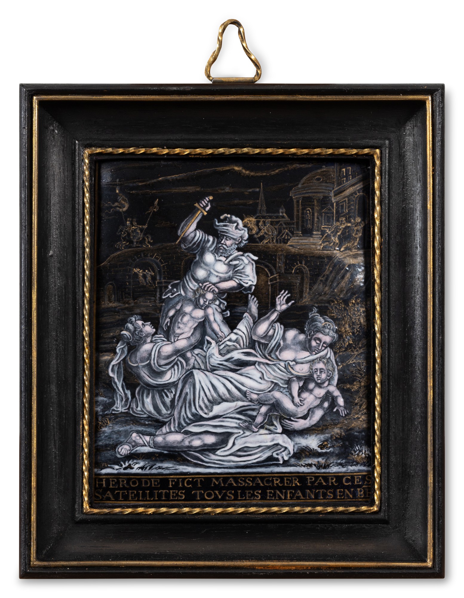 A Limoges grisaille painted enamel plaque depicting The Massacre of the Innocents, 20th century ...