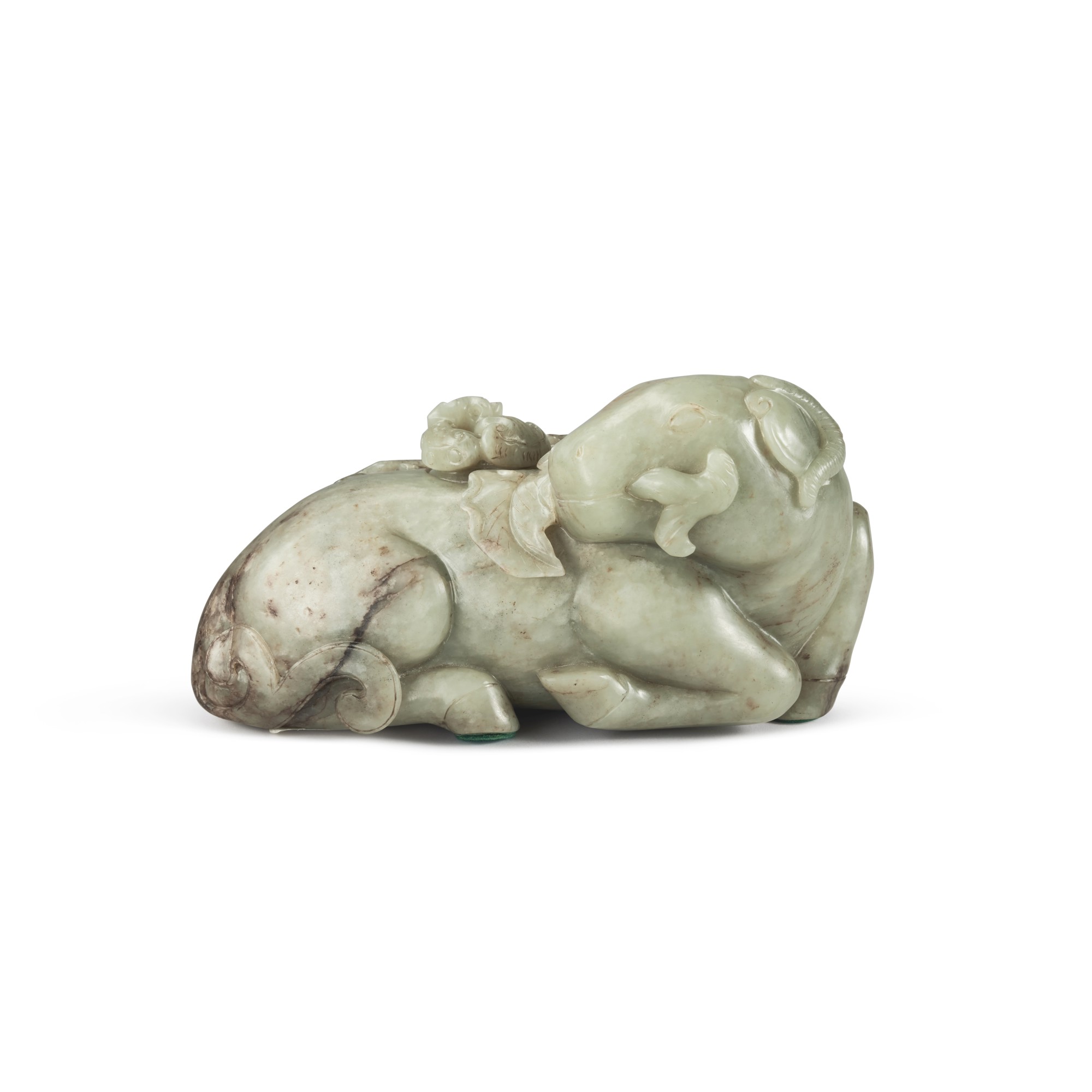 A large celadon and russet jade ram-form water coupe and cover, Qing ...