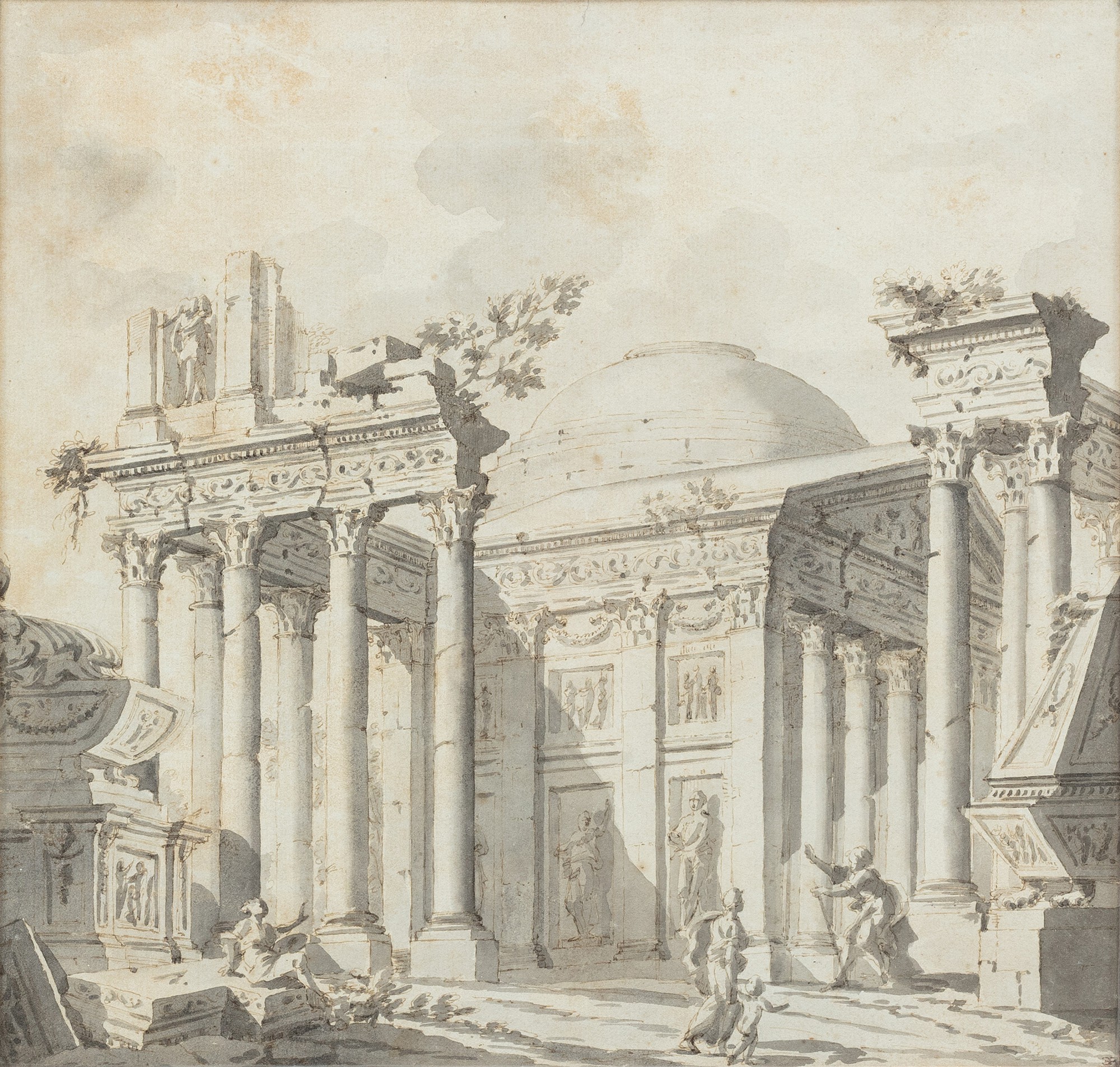 Recto: Figures amongst Roman ruins Verso: Design for a fountain with ...