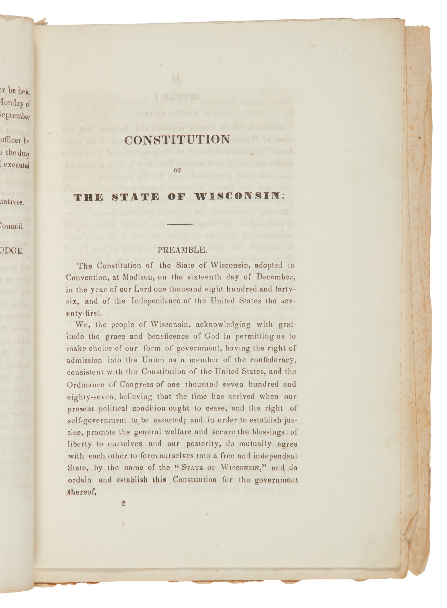 Wisconsin | The first printing of the Wisconsin Constitution, granting ...
