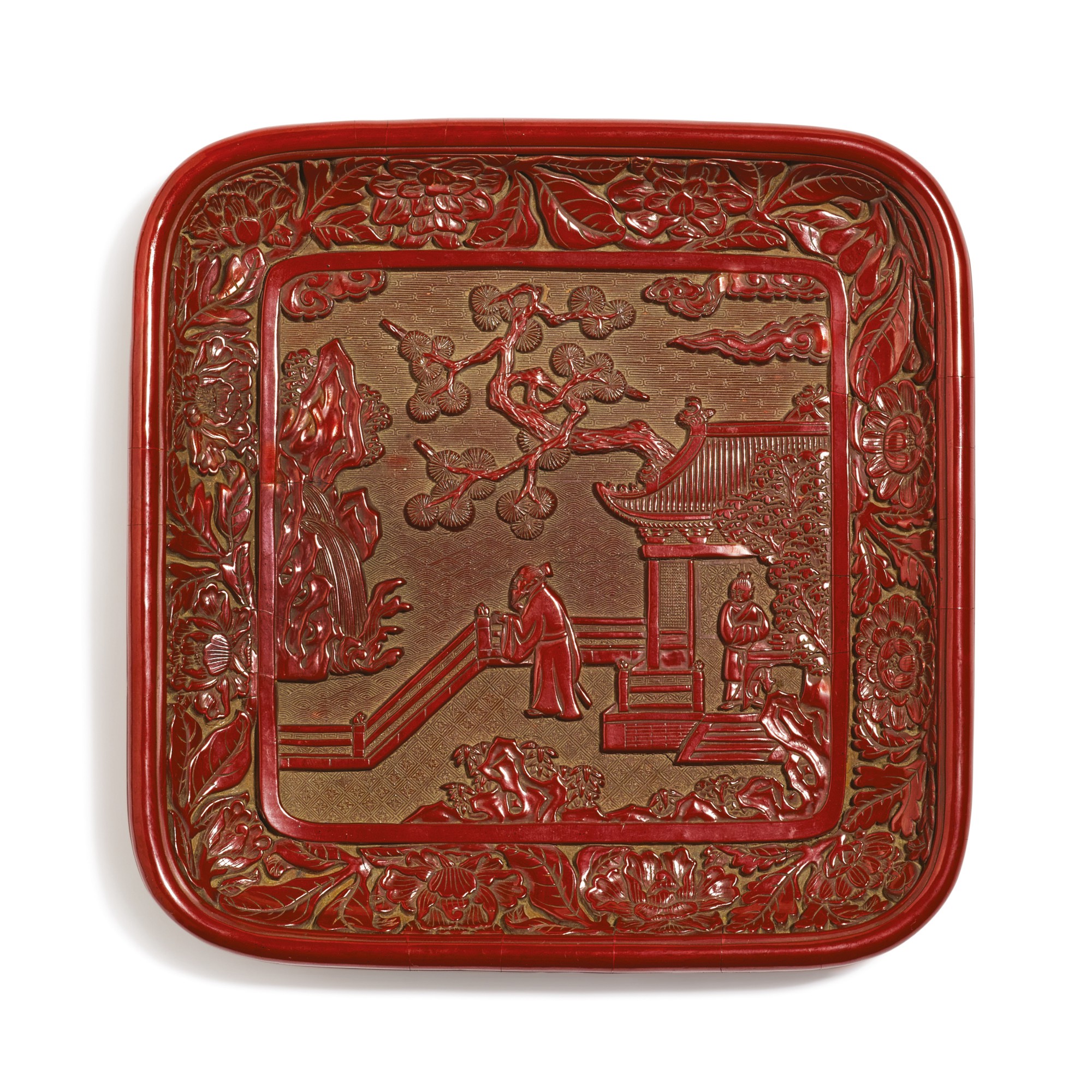 A CARVED CINNABAR LACQUER 'FIGURAL' SQUARE TRAY, MING DYNASTY, WANLI ...
