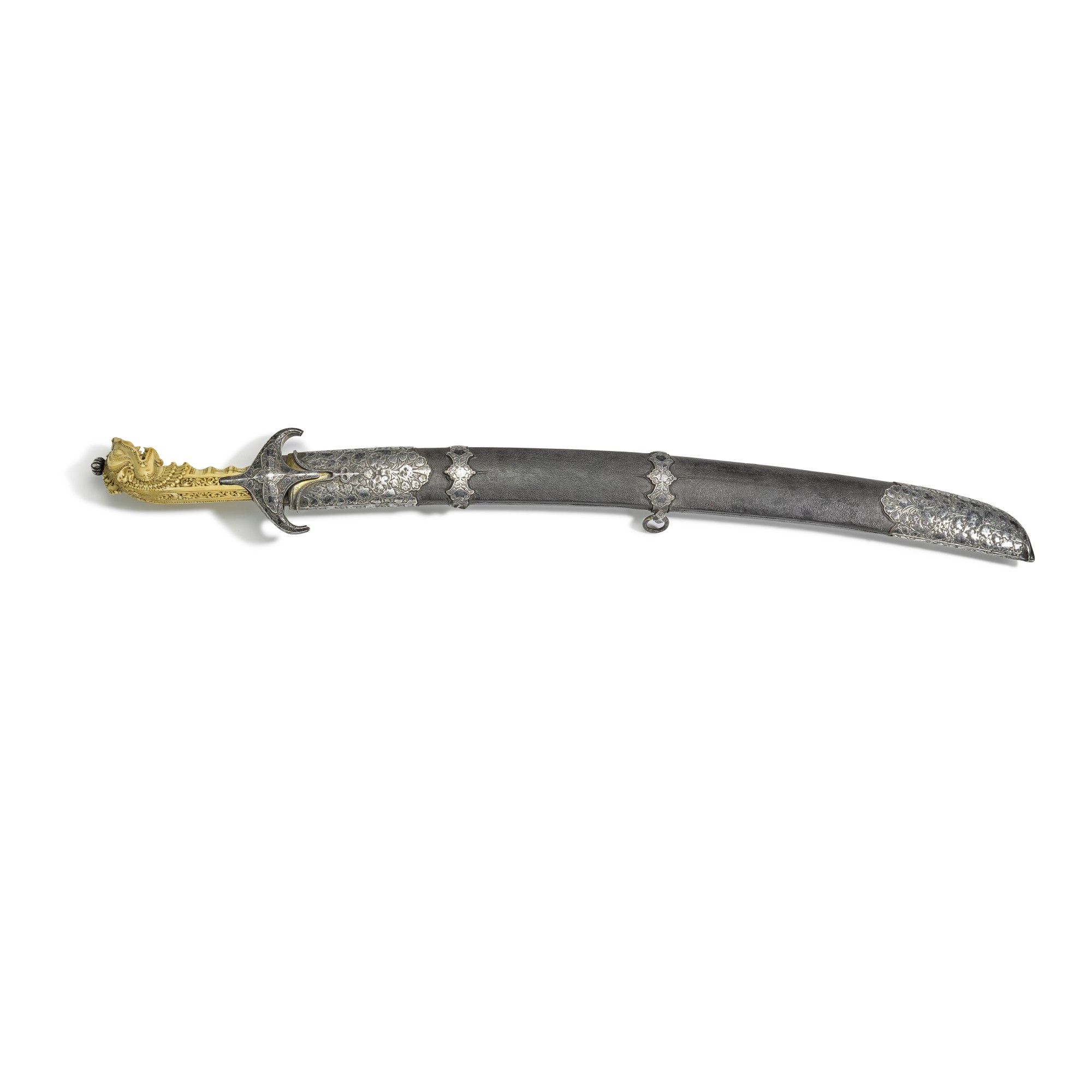 An Ottoman sword (kilij) and scabbard, set with carved ivory yali-head ...