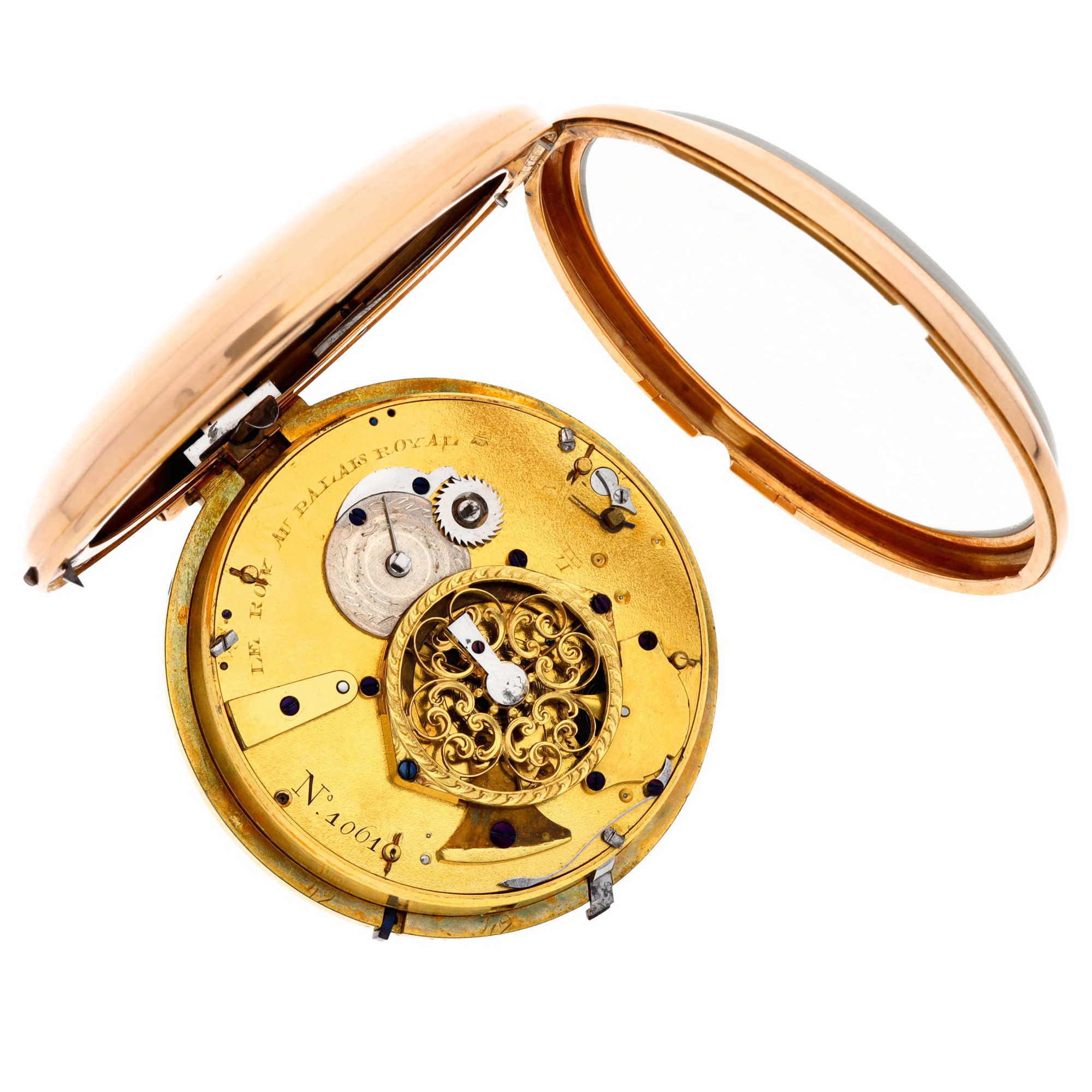 A gold centre seconds cylinder watch with stop slide quarter repeating ...