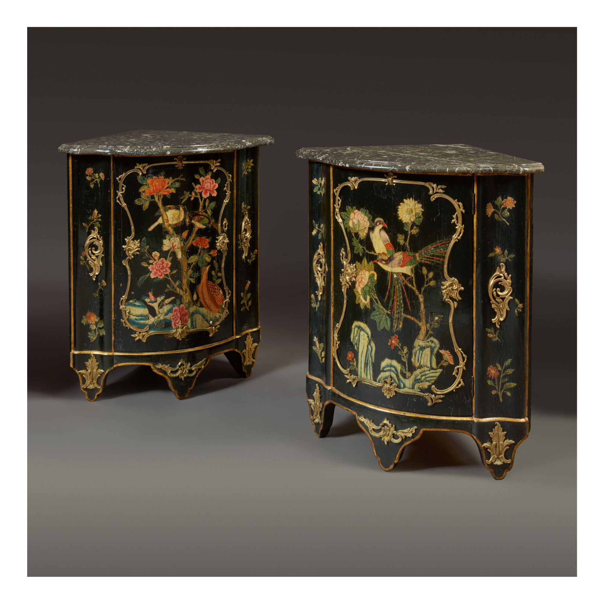 A PAIR OF LOUIS XV GILT BRONZE-MOUNTED EUROPEAN LACQUER ENCOIGNURES BY ...