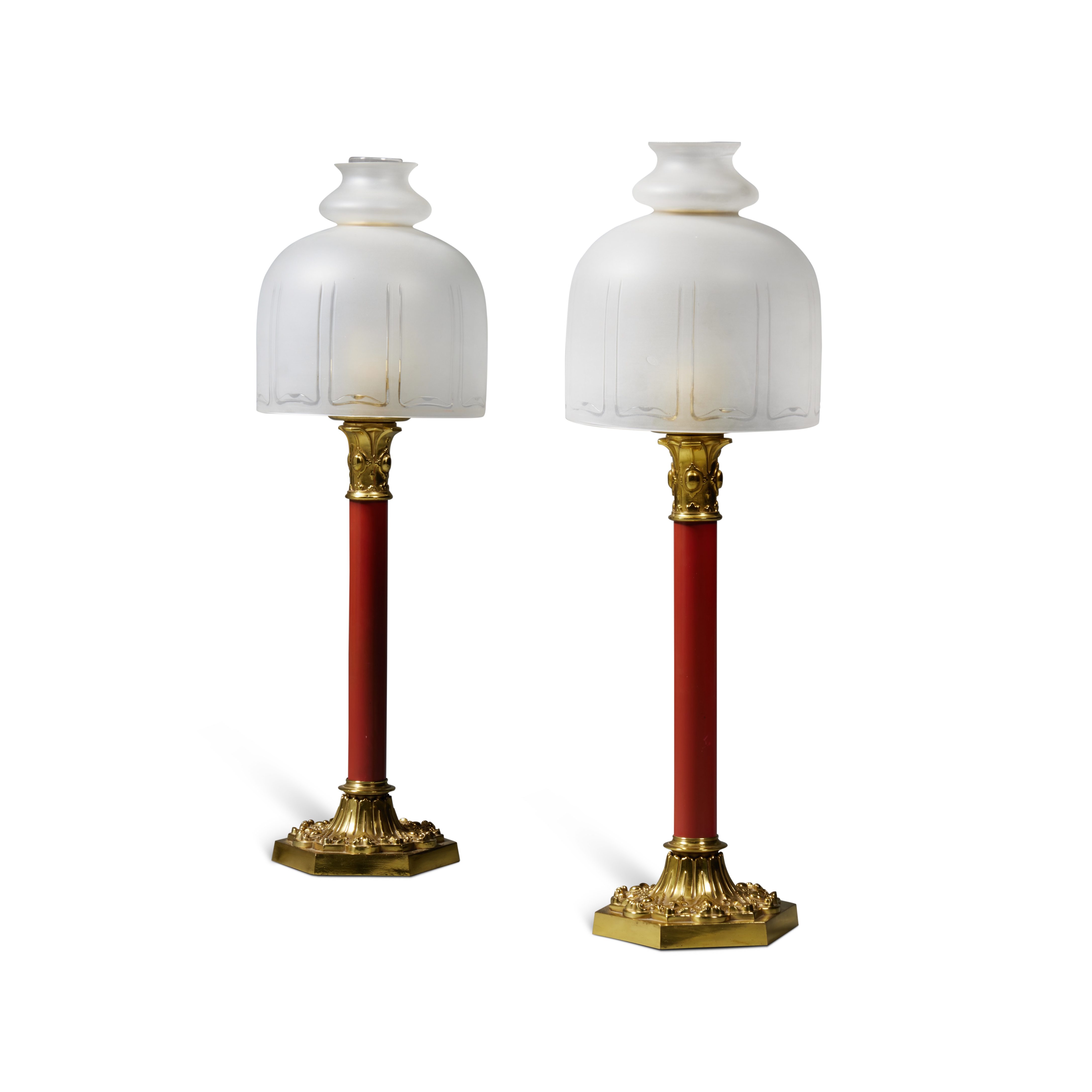 A Pair of Palmers Patent Brass Mounted Red Lacquered Table Lamps with ...