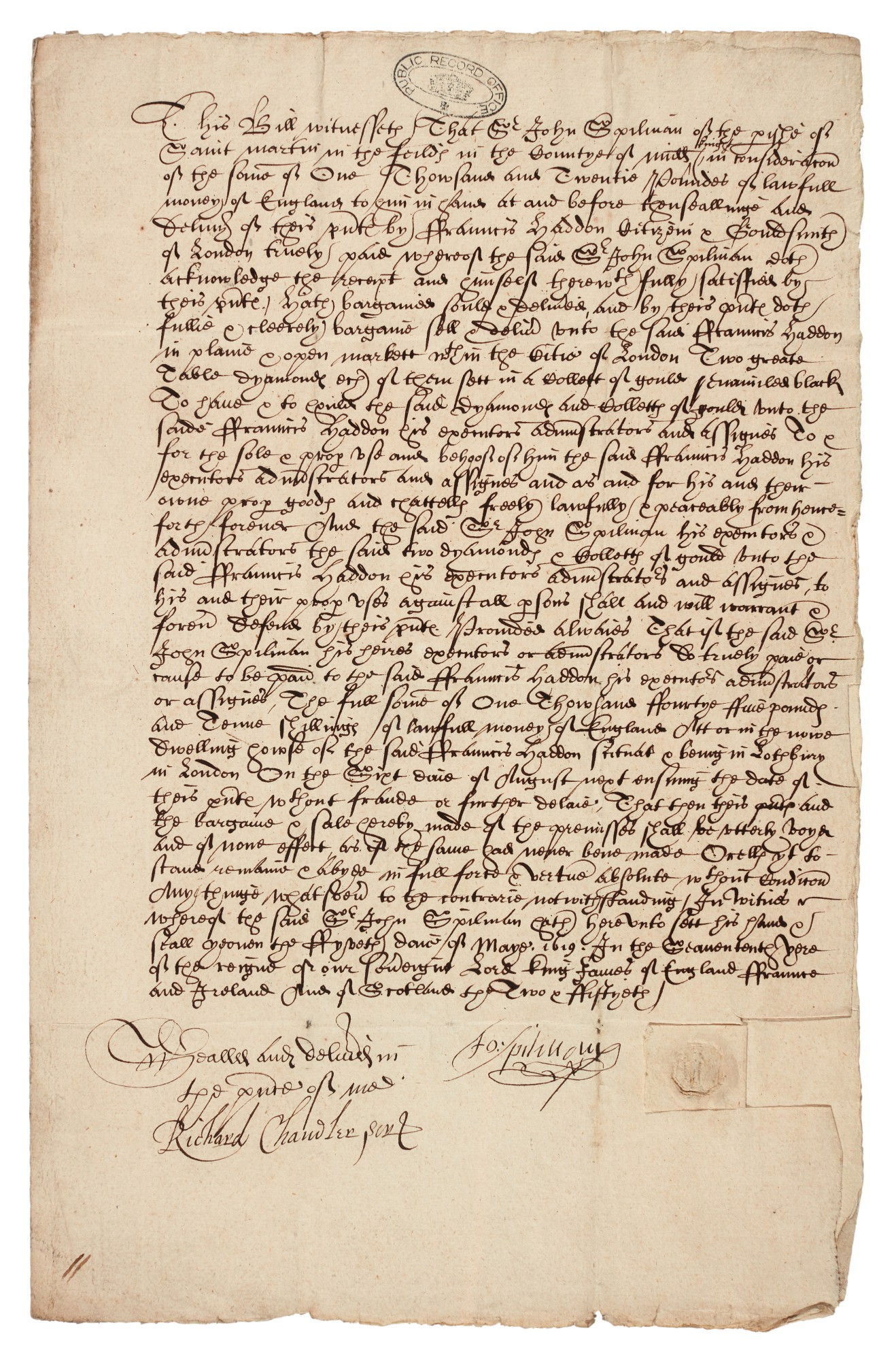 Sir John Spilman | Document signed, bill of sale for jewellery ...