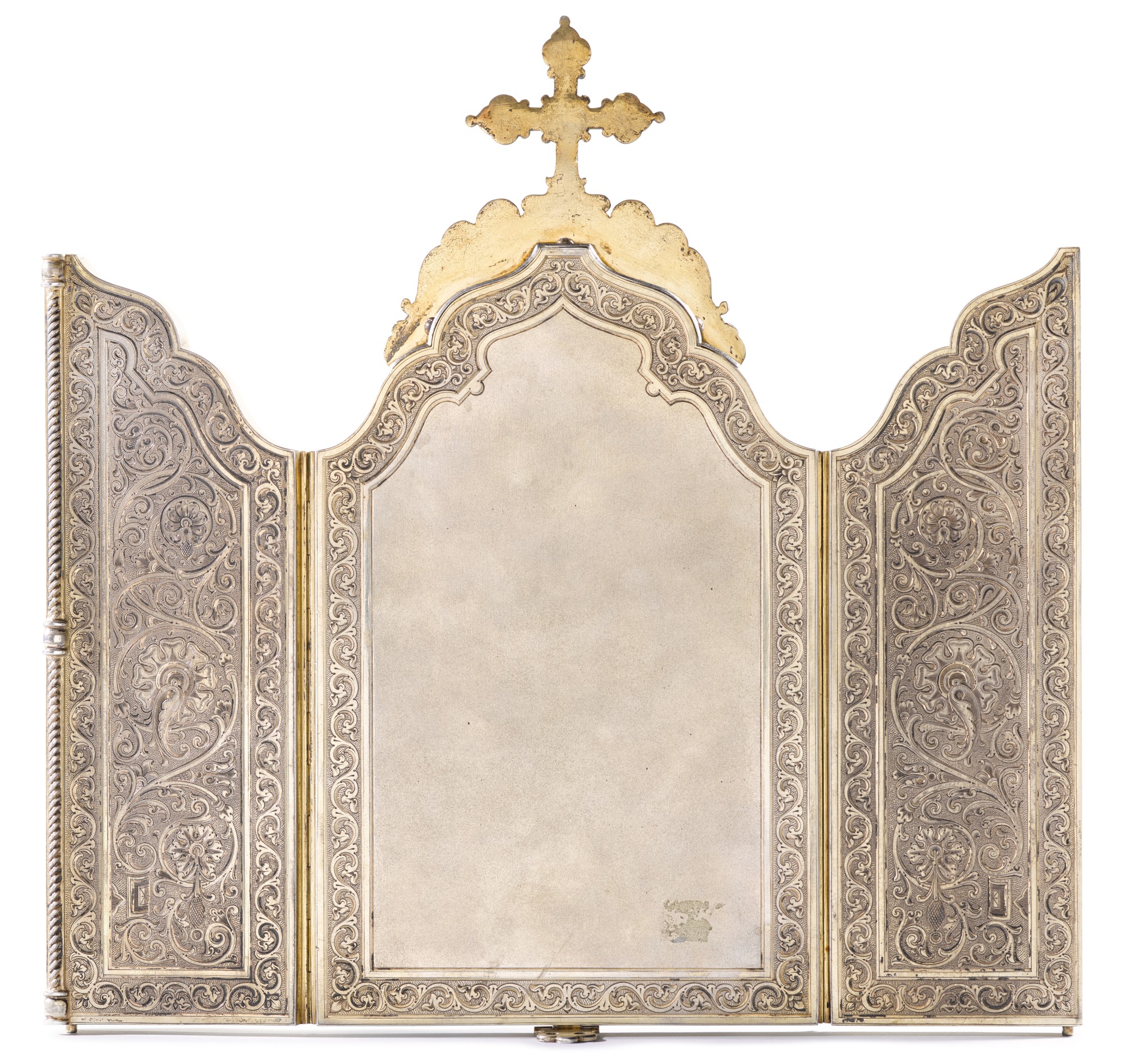 A silver-gilt and shaded enamel travelling triptych icon, Ivan Alekseev, Moscow, 1899-1908 ...