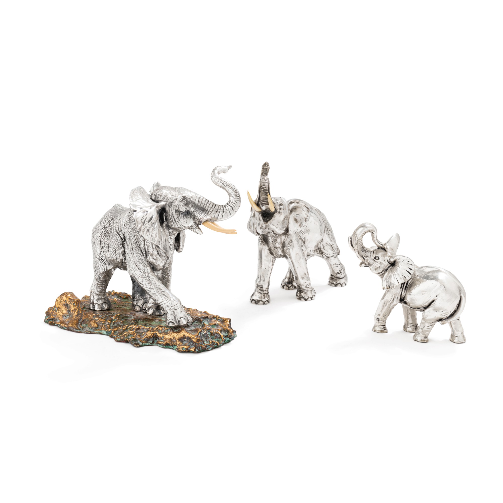 Group of three resin elephants covered with silver, probably Italy and ...