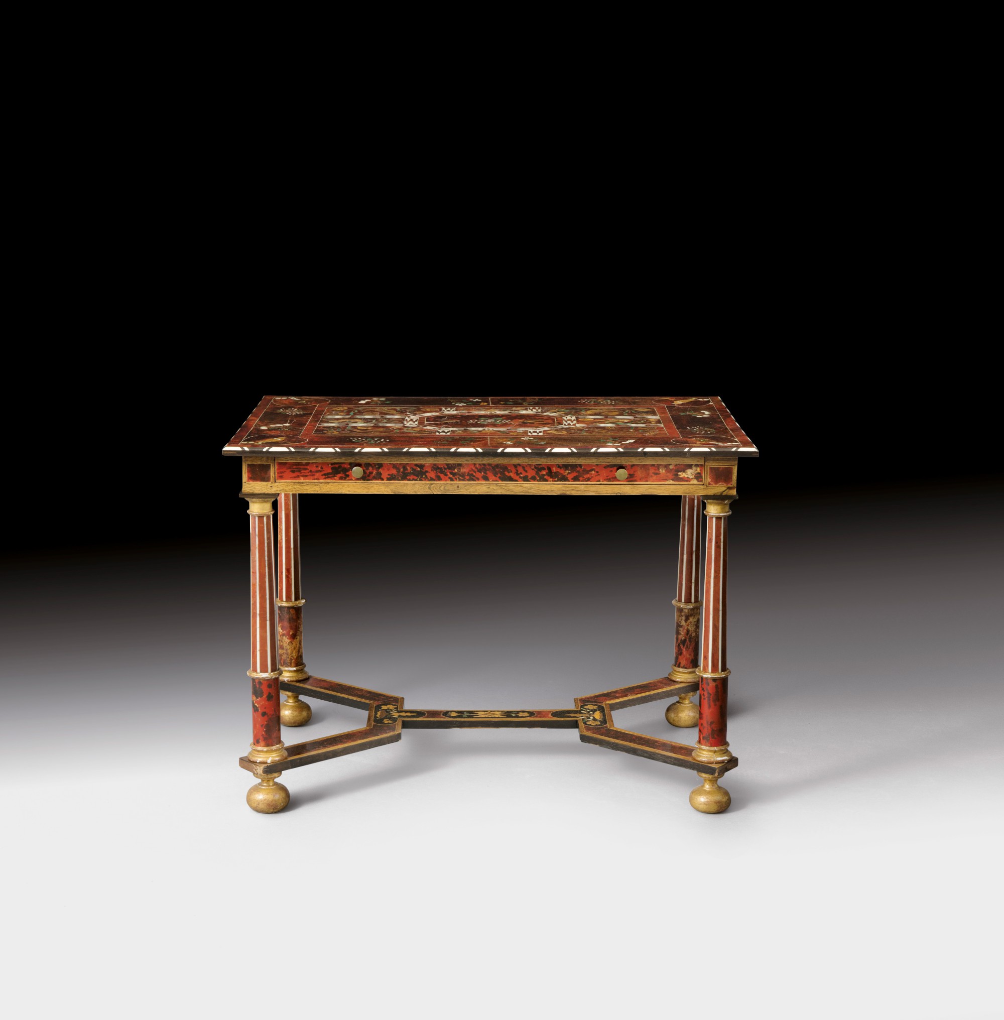 A Louis XIV and later red tortoiseshell, ebony, ivory and fruitwood ...