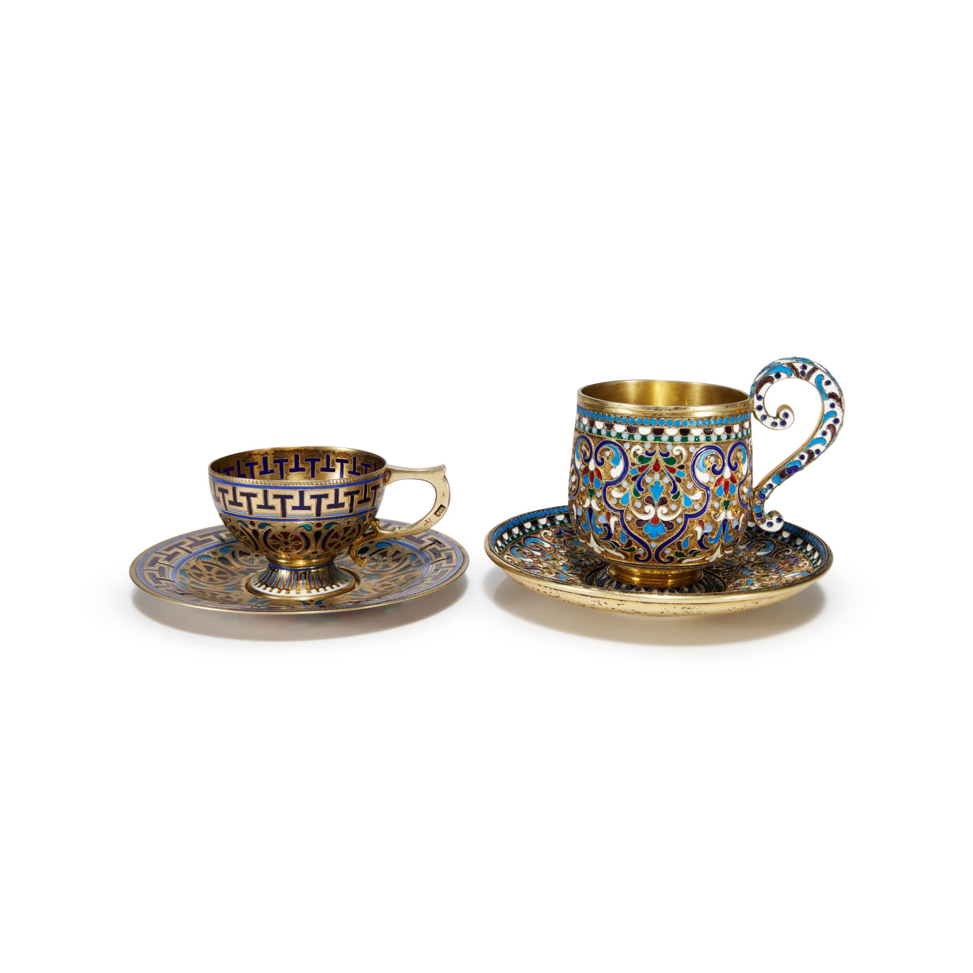 Two Russian silver-gilt and enamel cups and saucers, Moscow, late 19th ...