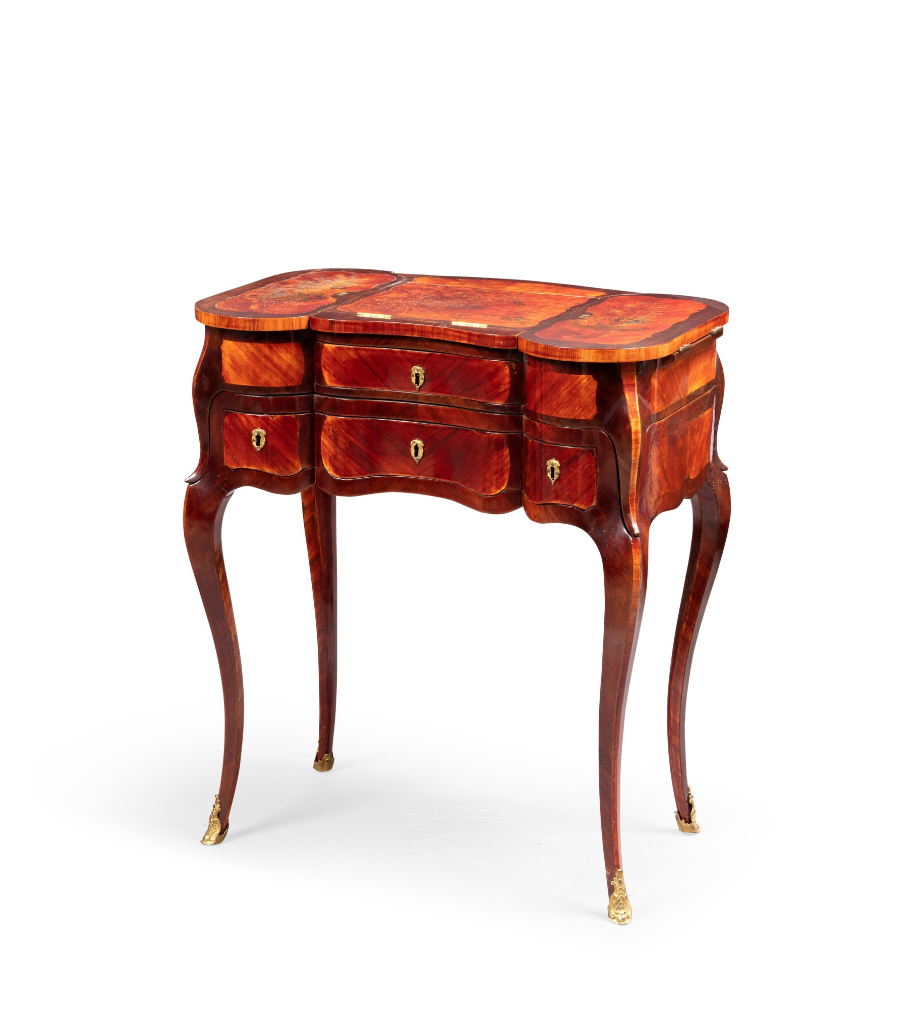 A Louis XV style tulipwood, amaranth, mahogany, holly and floral marquetry table d'accouchée ...