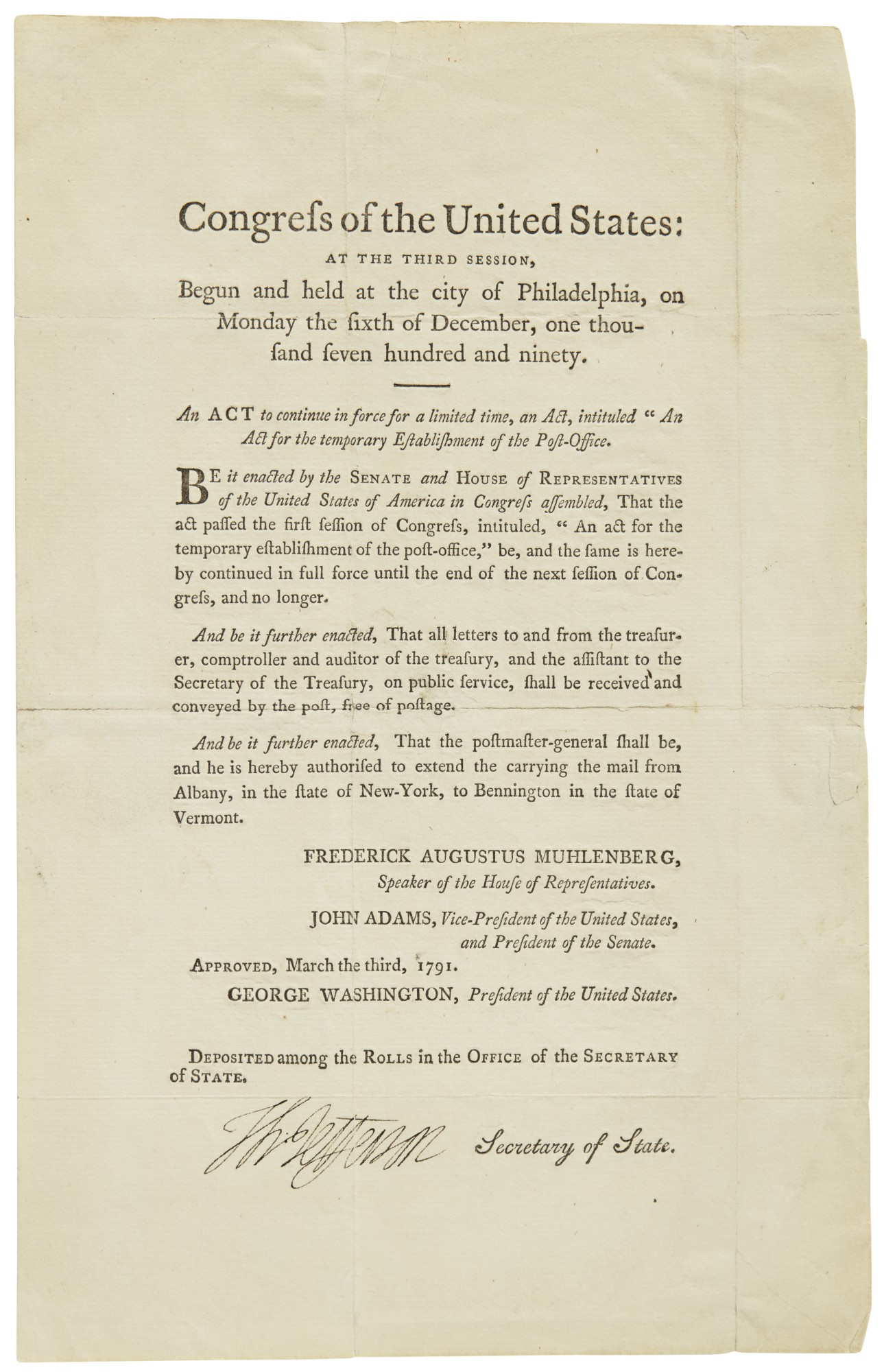 Jefferson, Thomas. Printed document signed, being a Post Office Act ...