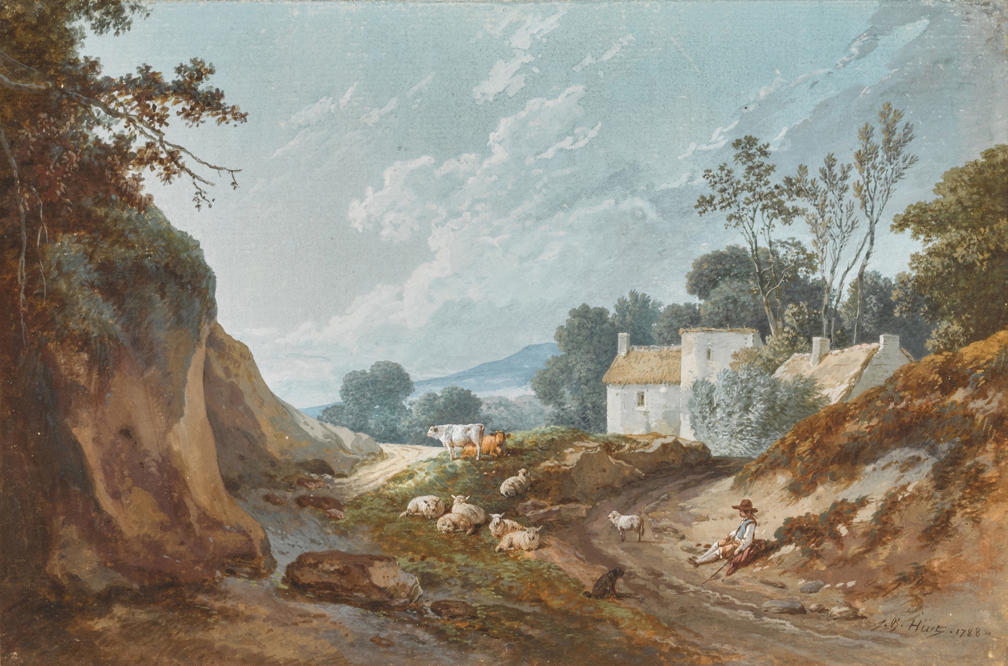 An upland landscape with a shepherd with his flock near a farm; A river ...