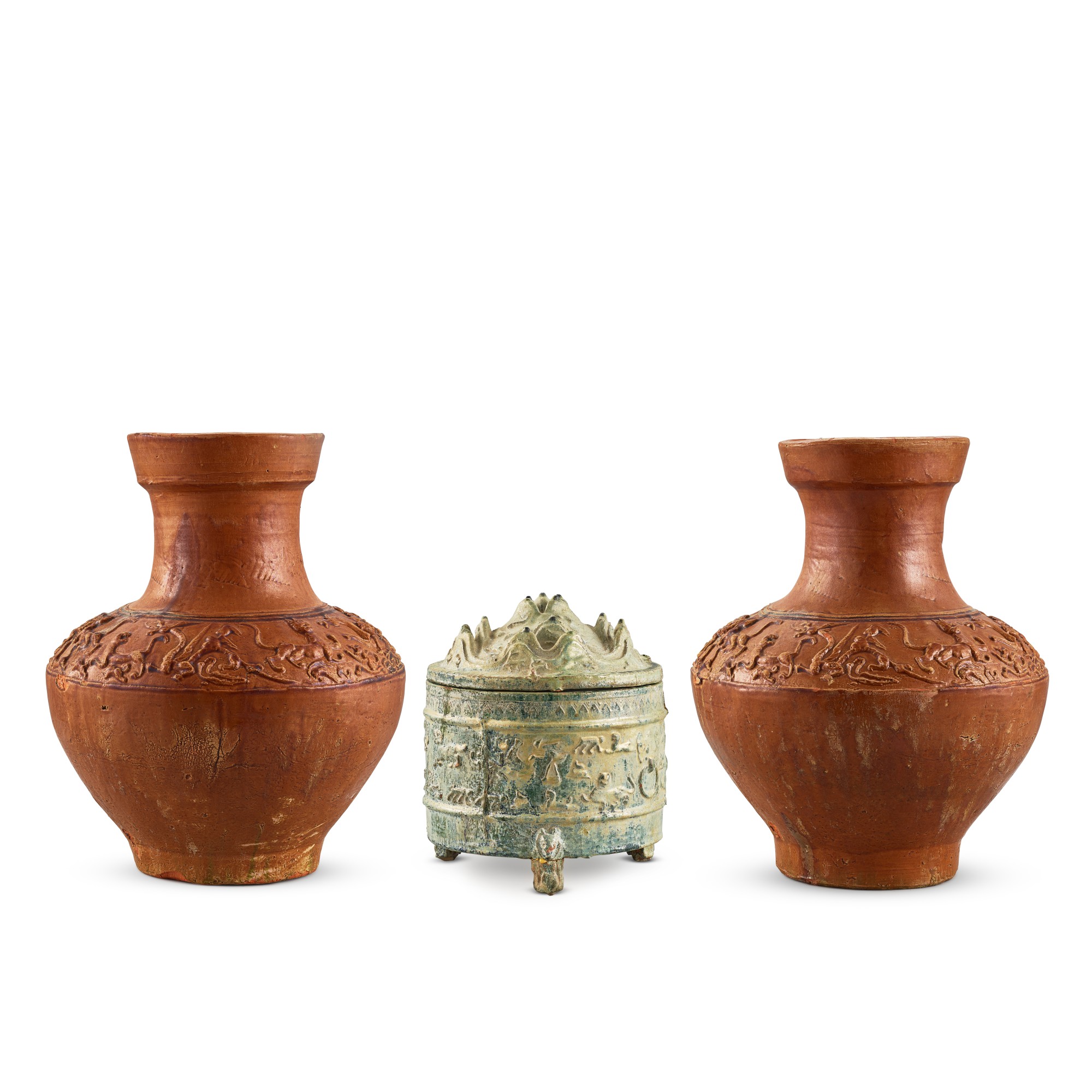 A green-glazed incense burner, Boshan lu, and a pair of brown-glazed ...