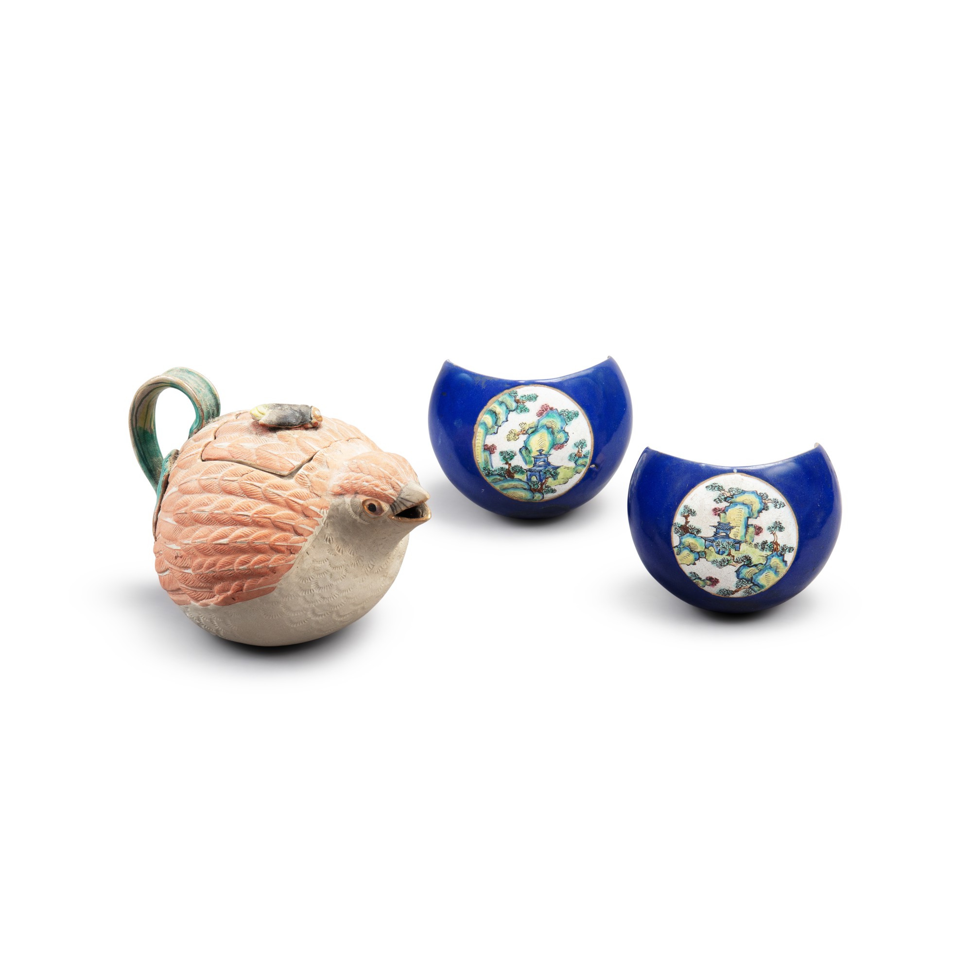 A Yixing quail-shaped teapot and cover, and two famille verte bird ...
