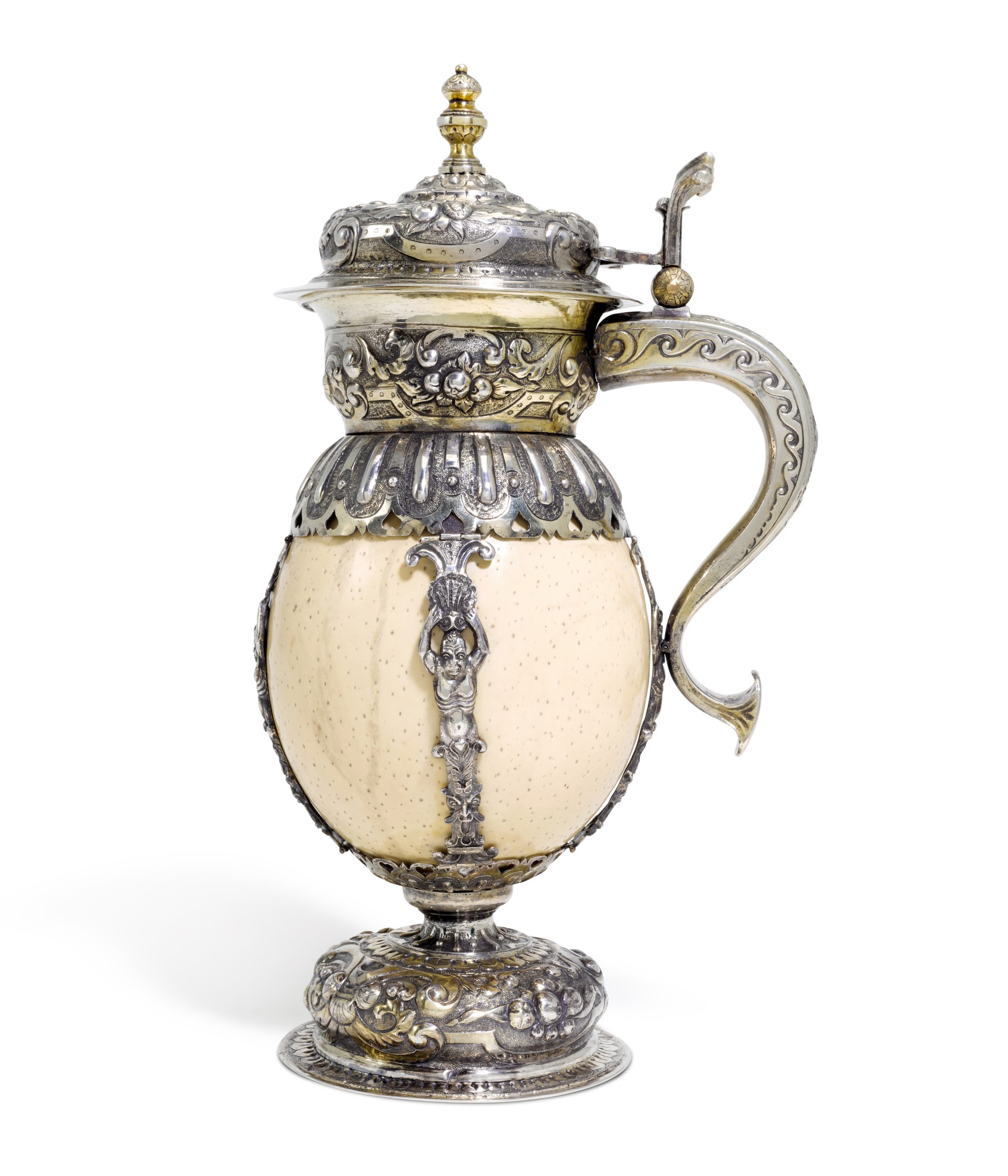 A silver-gilt mounted ostrich egg flagon, Simon Rosenau, (Bad Kissingen ...