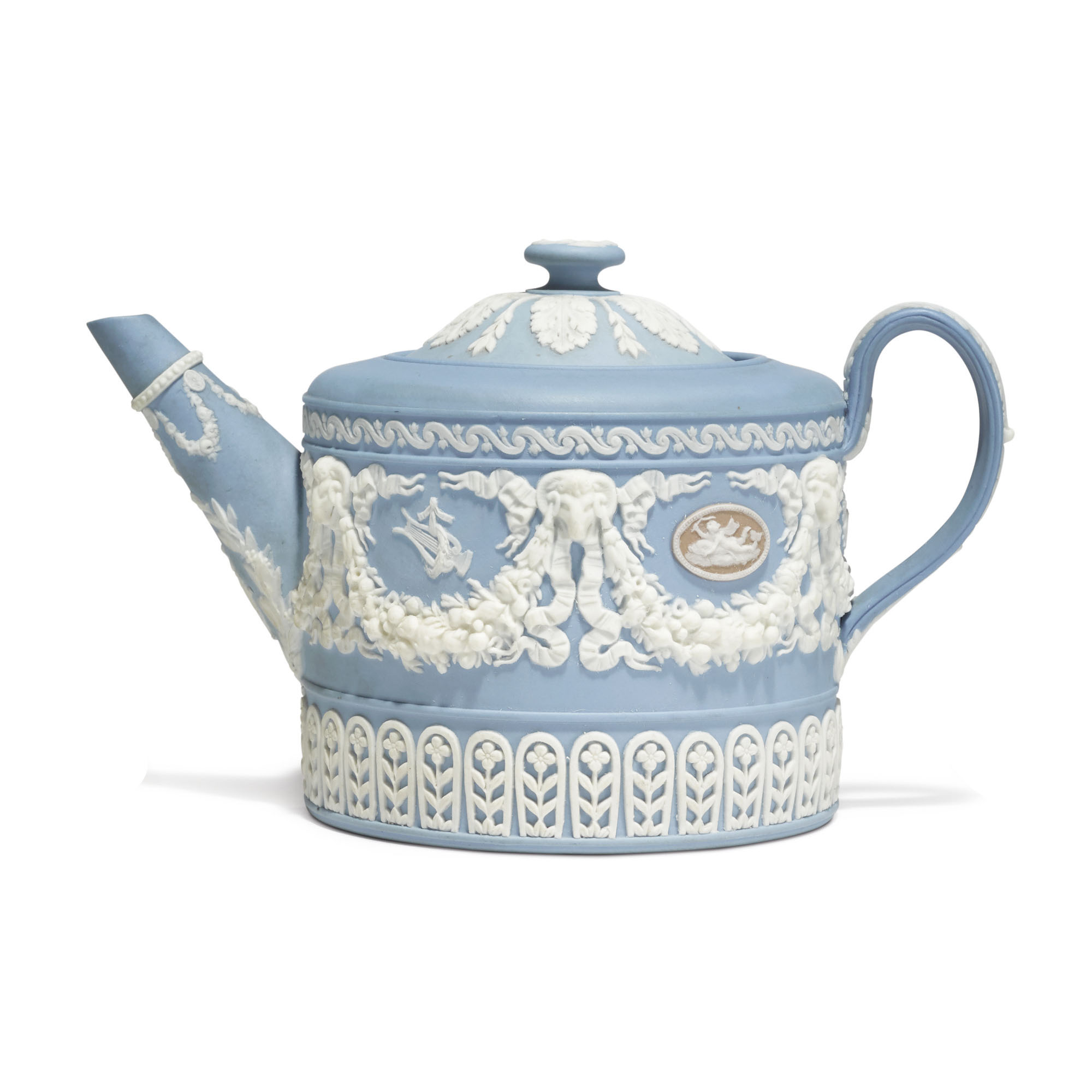 A WEDGWOOD THREE-COLOR JASPERWARE TEAPOT AND COVER CIRCA 1860 ...