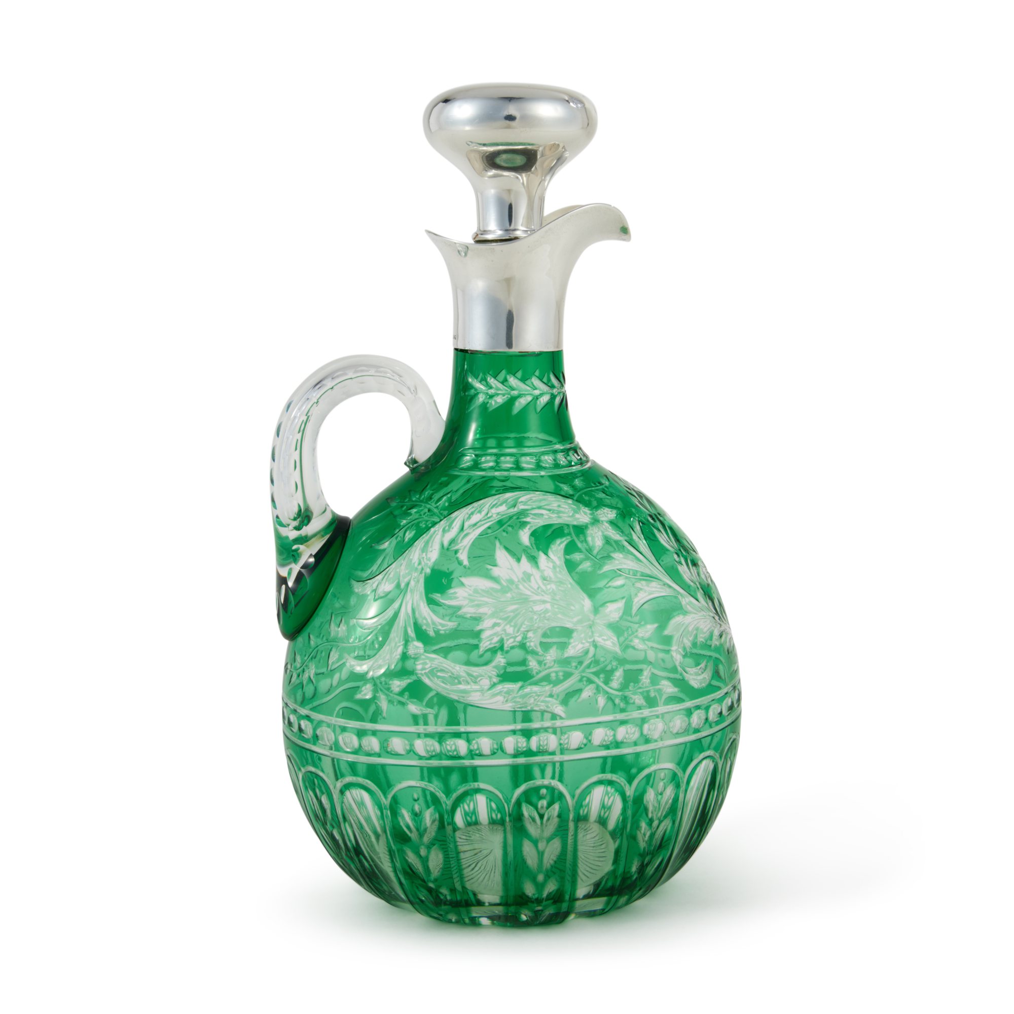An English Intaglio-Cut Overly Cased Green Glass Claret Jug with ...