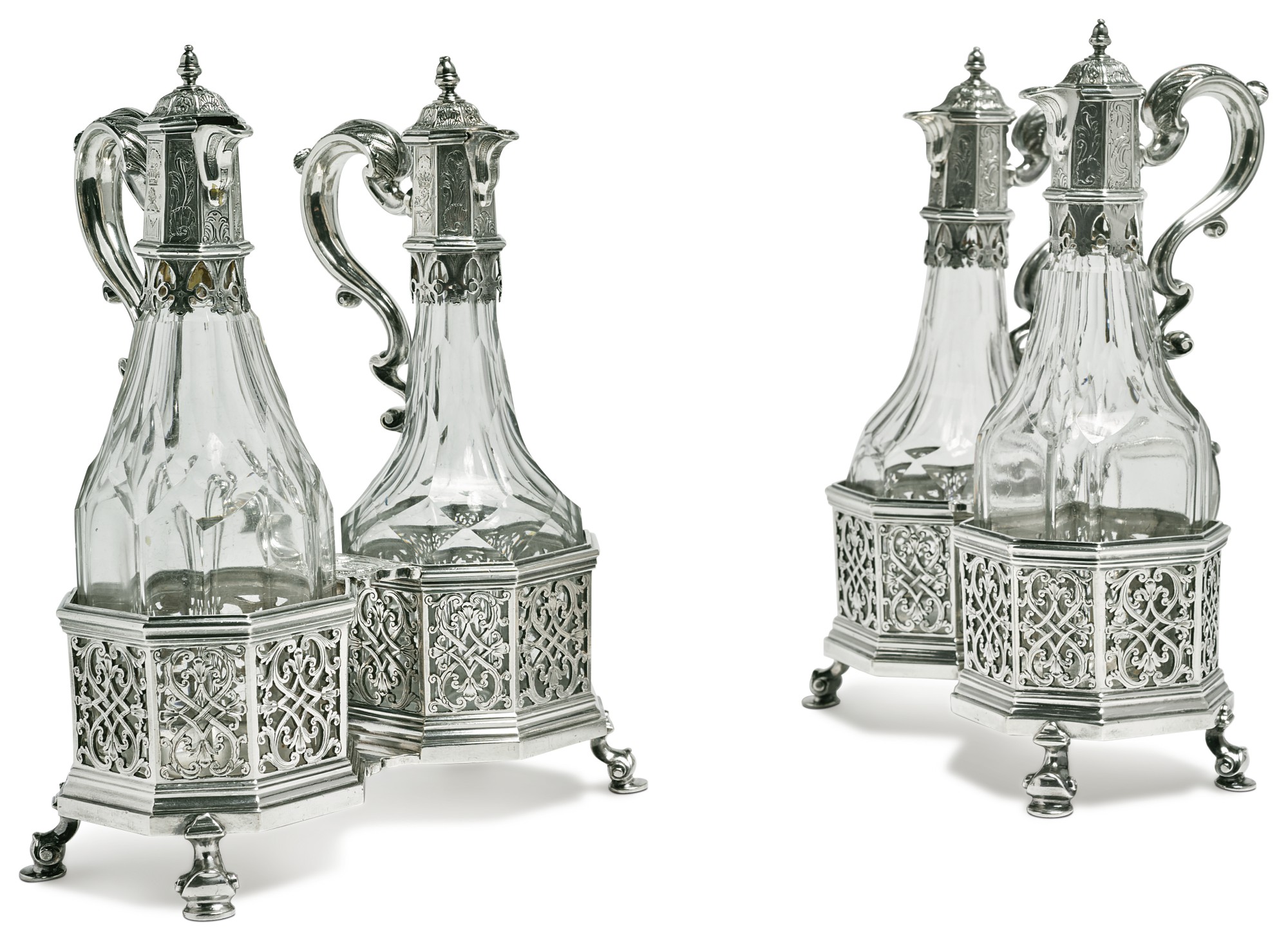 TWO MATCHING GEORGE II SILVER CRUET STANDS, GEORGE WICKES, LONDON, 1742 ...