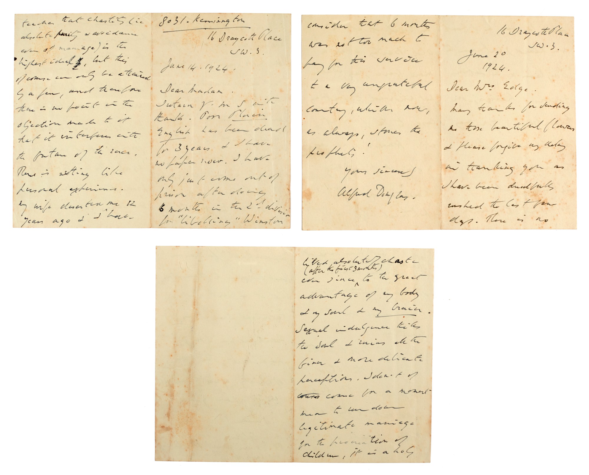 Lord Alfred Douglas | three autograph letters signed, to Mrs Mai Edge ...