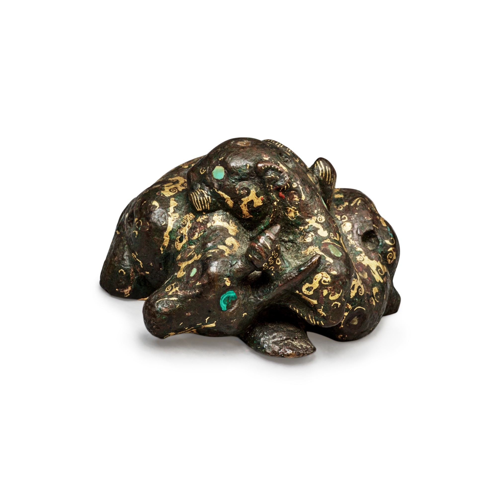 A gold, turquoise and malachite-inlaid bronze weight, Early Western Han ...