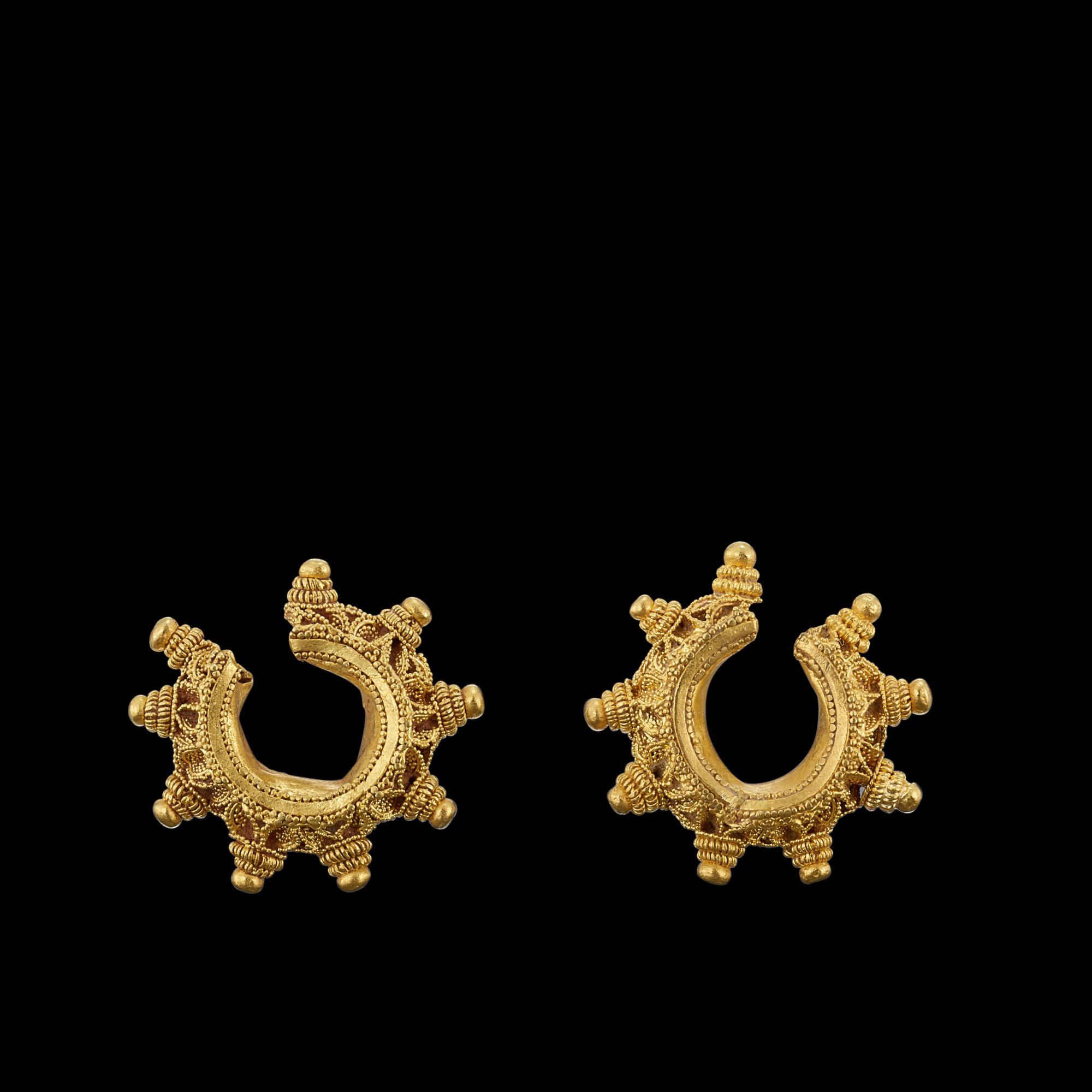 A pair of granulated solid gold earrings Java, Indonesia, 7th - 12th ...