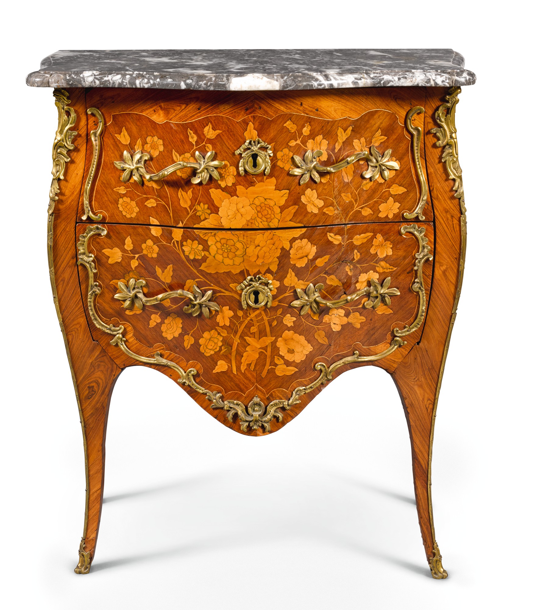 A LOUIS XV KINGWOOD AND BOIS SATINE FLORAL MARQUETRY COMMODE, BY PIERRE ...