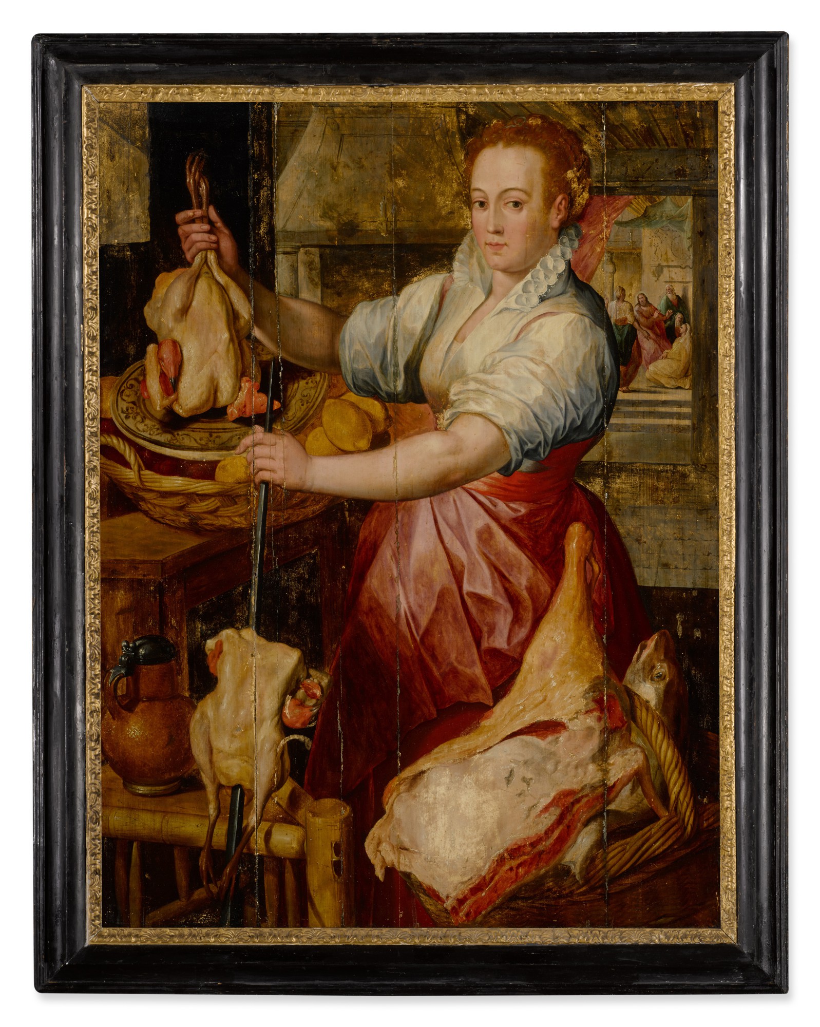 Kitchen maid preparing meat with Christ in the House of Mary and Martha ...
