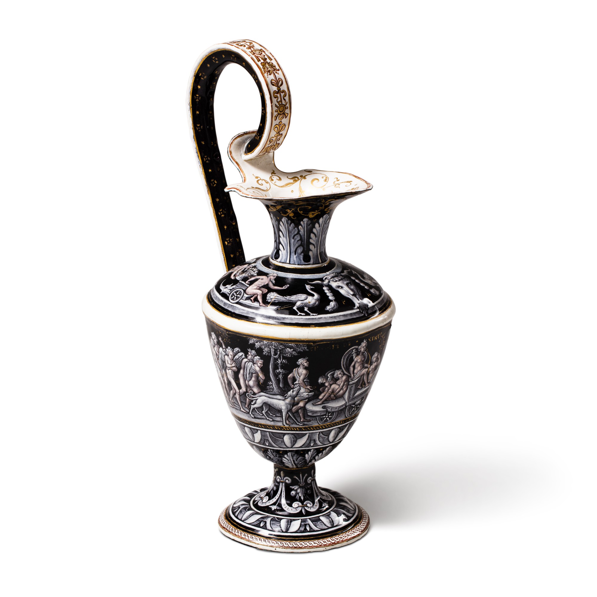 A Limoges grisaille painted enamel Ewer with the Triumph of Venus ...