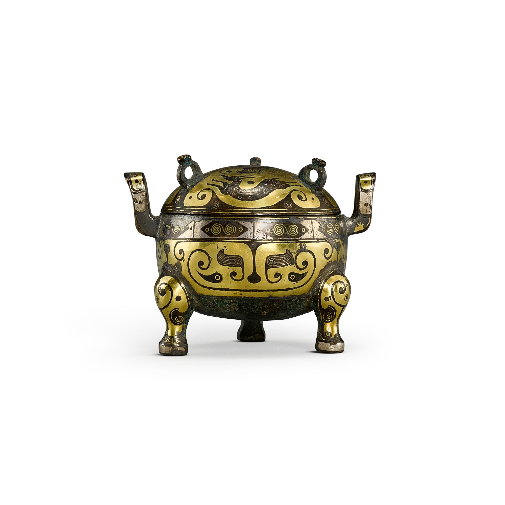 A small gold and silver-inlaid bronze 'deer' ritual food vessel, ding ...