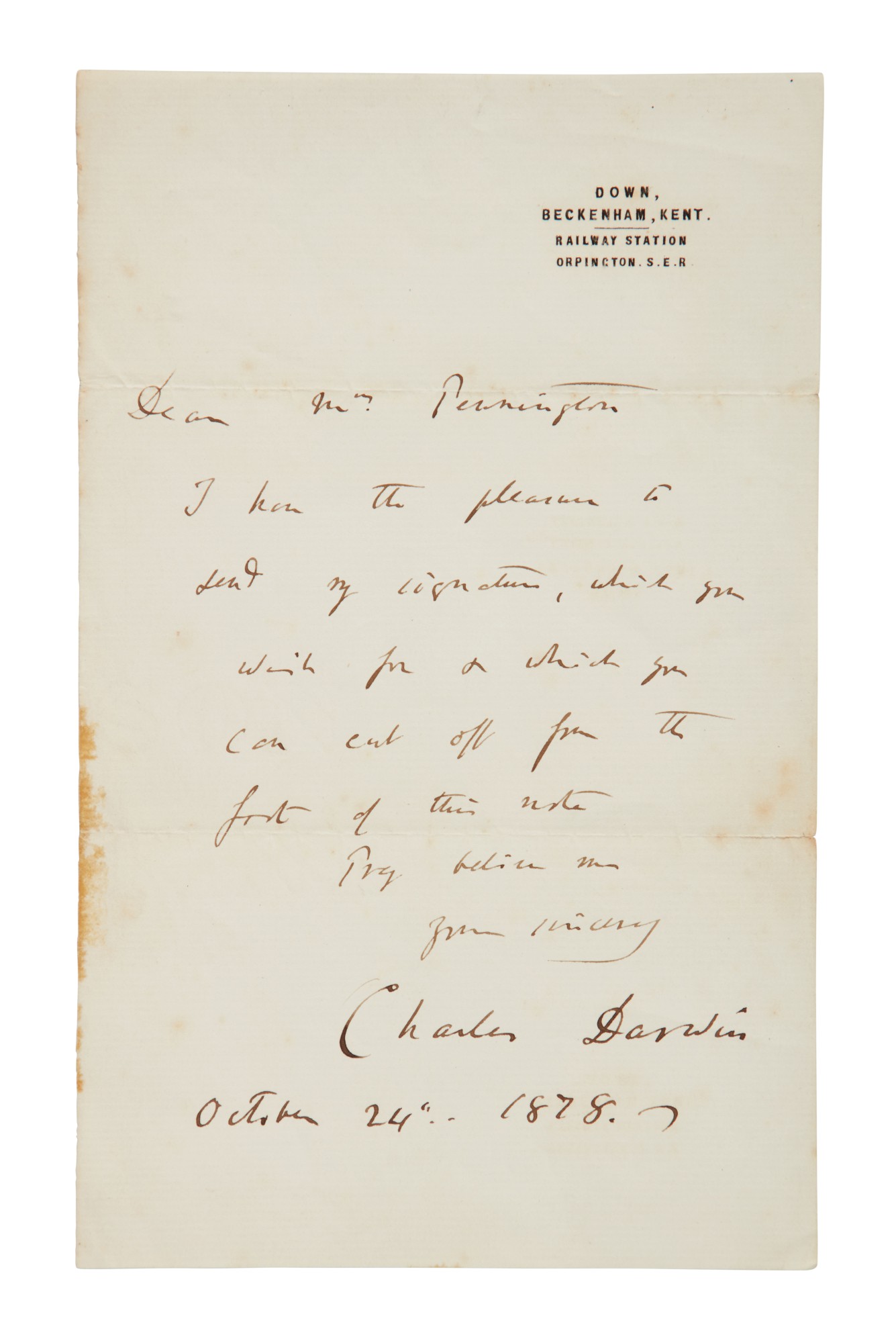 Darwin, Charles | A signed note in response to an autograph request ...