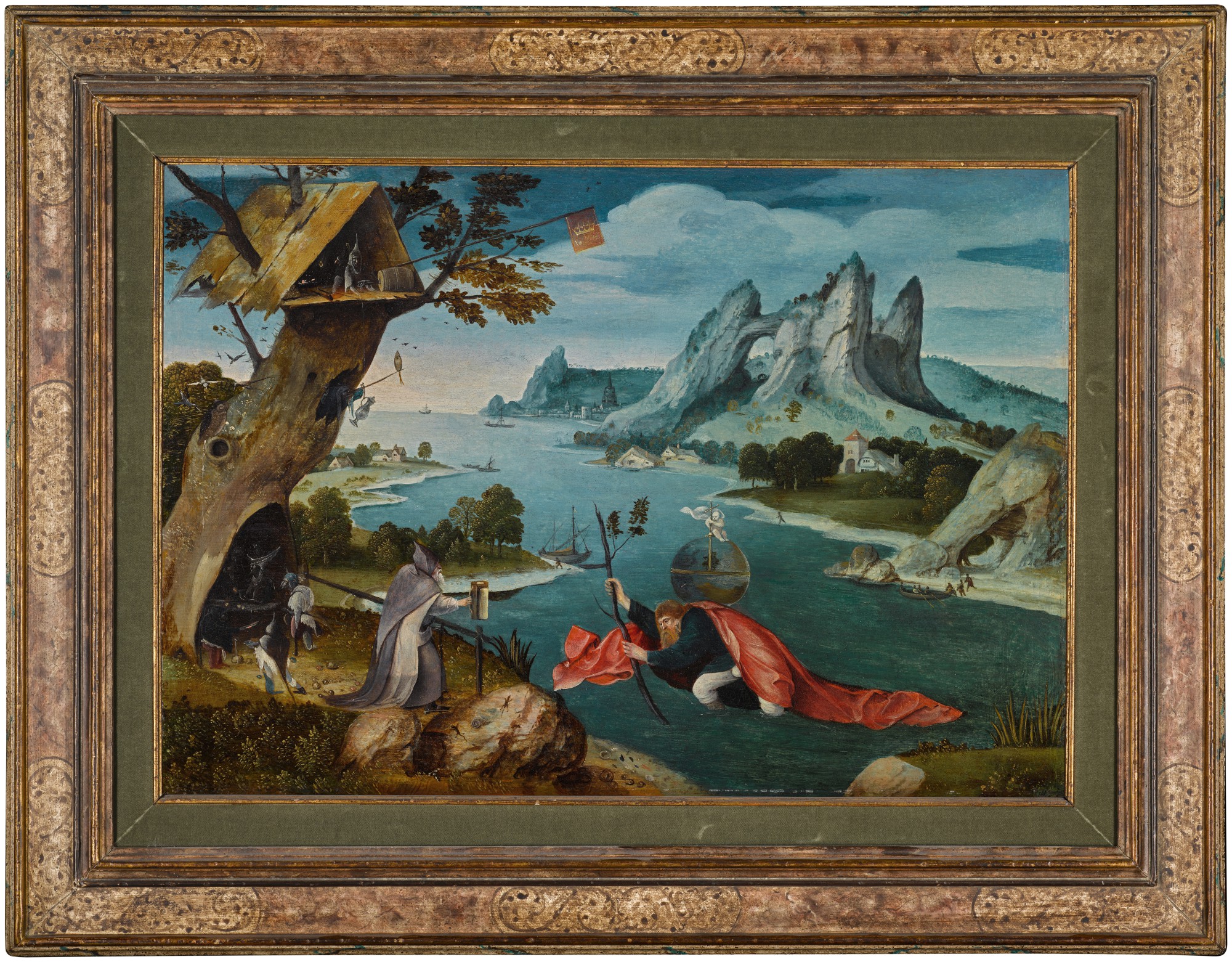 Saint Christopher carrying the Christ Child in an extensive river ...