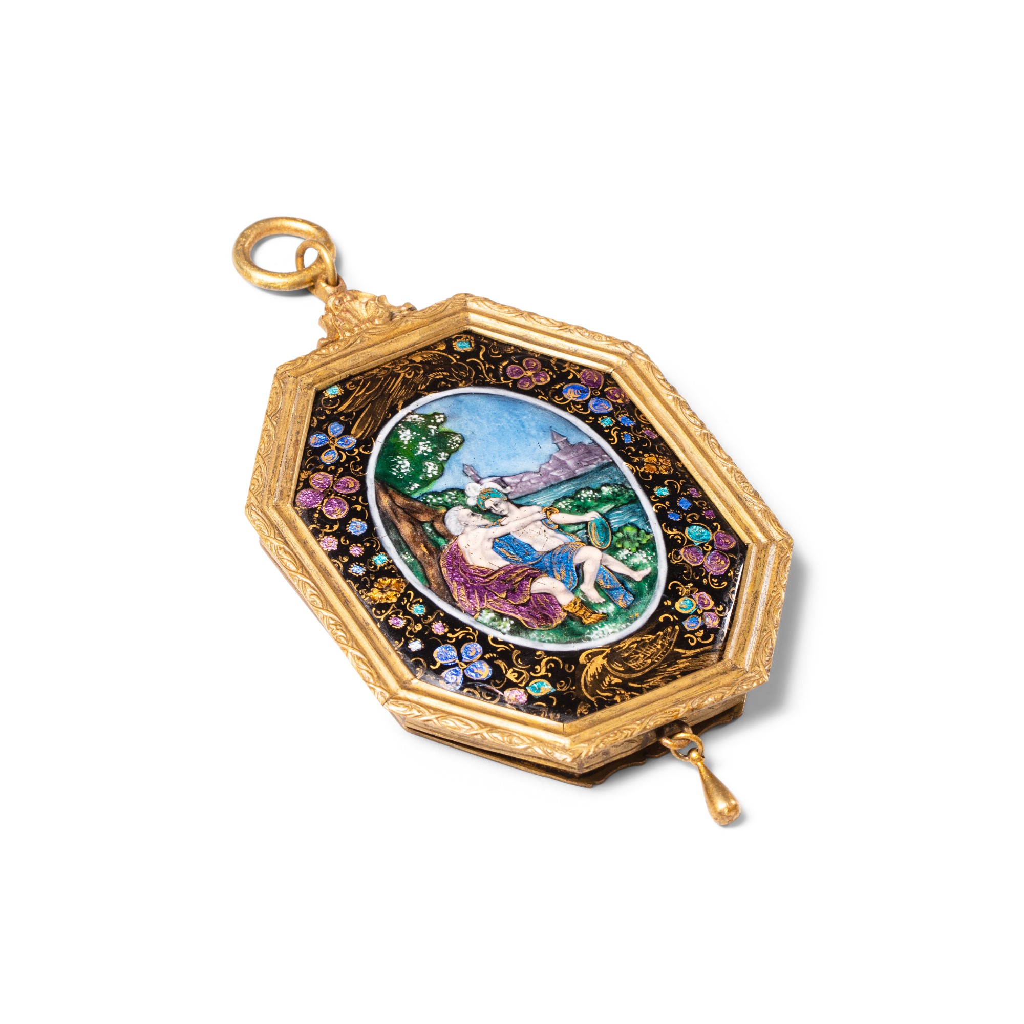 A Limoges painted enamel mirror back with Jason and Hypsipyle ...