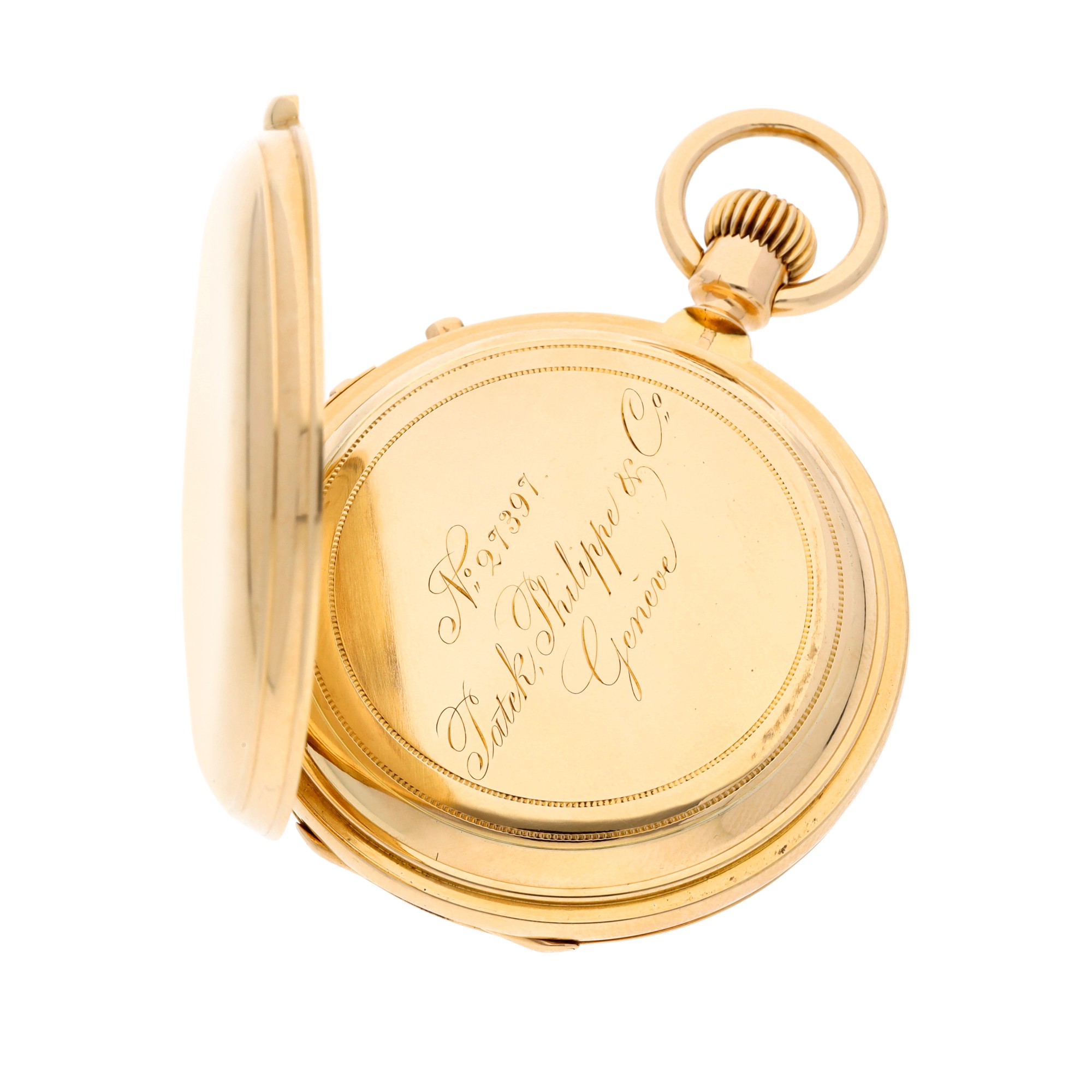 An extremely rare and fine gold hunting cased keyless lever chronograph ...