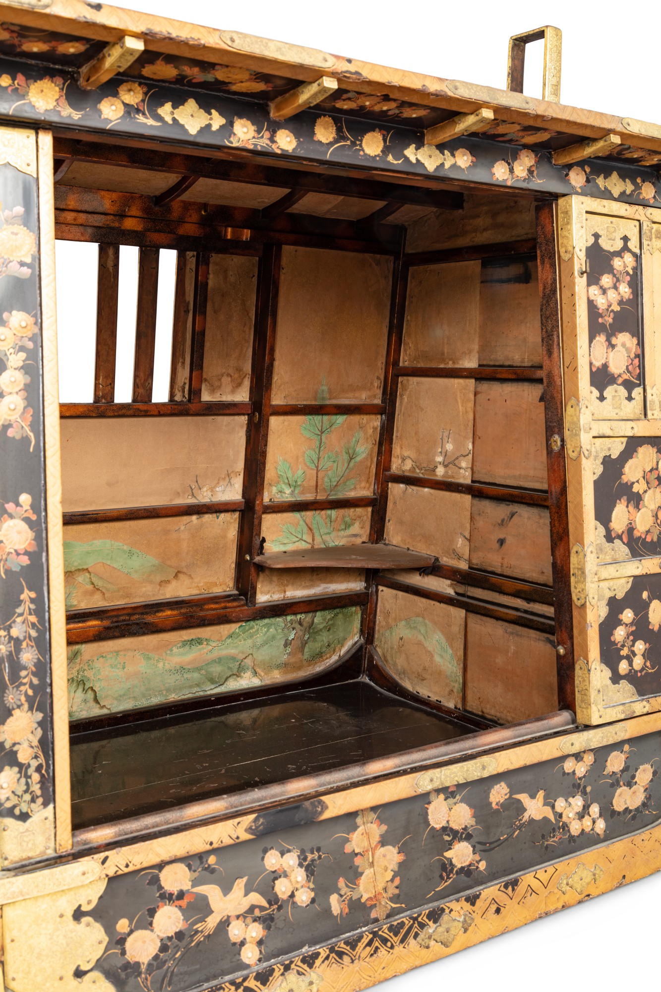 A superb black, silver, gold and red lacquer palanquin with shell ...